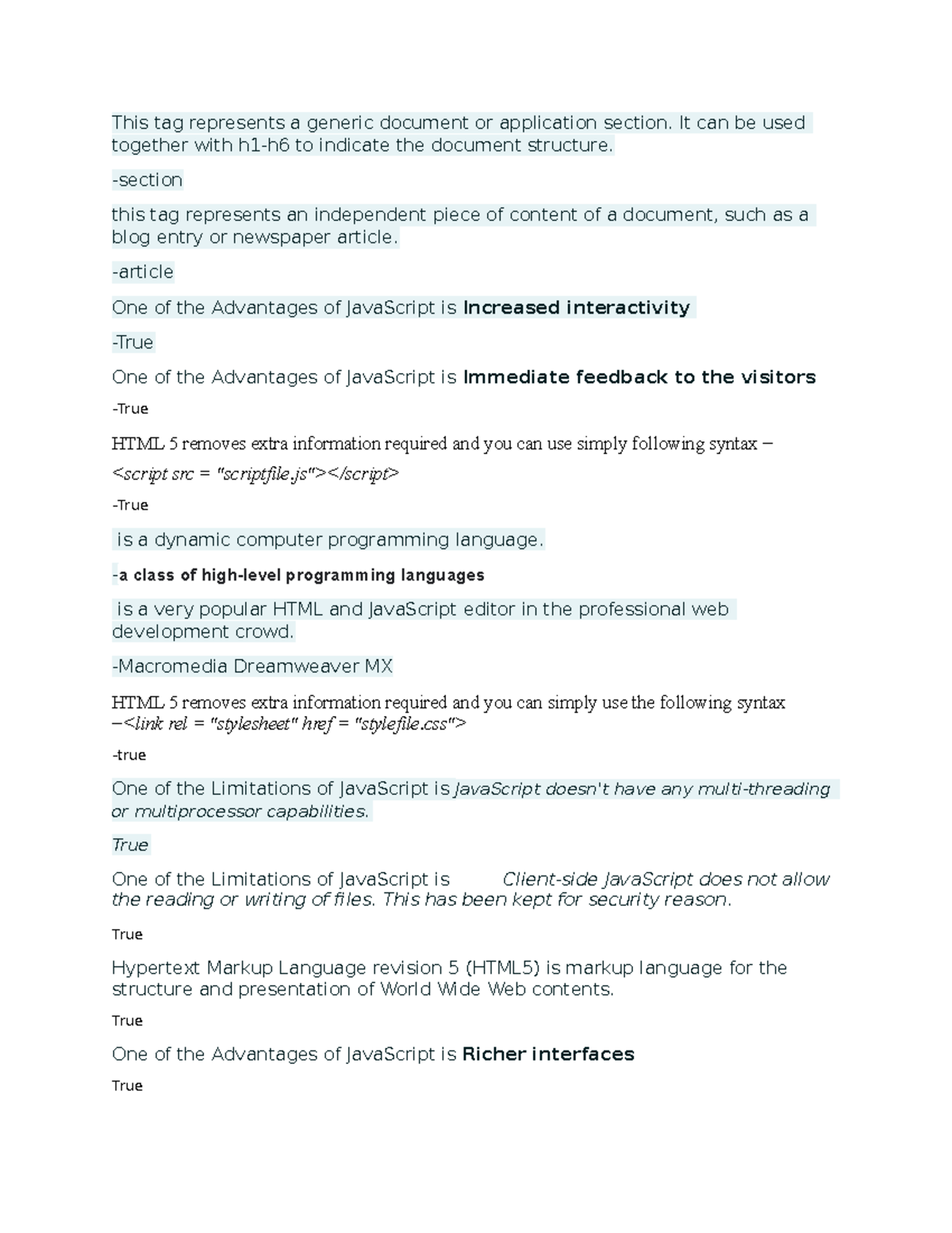 Javascript - quiz 1-2 - This tag represents a generic document or ...