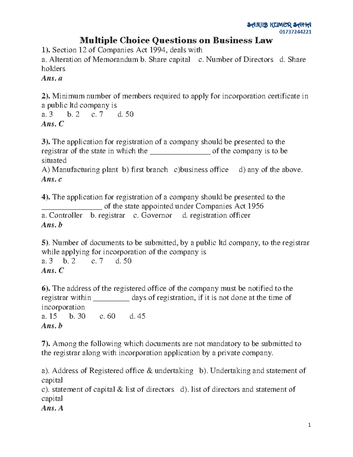 Business Law - MCQ Practice - 01737244221 Multiple Choice Questions on ...