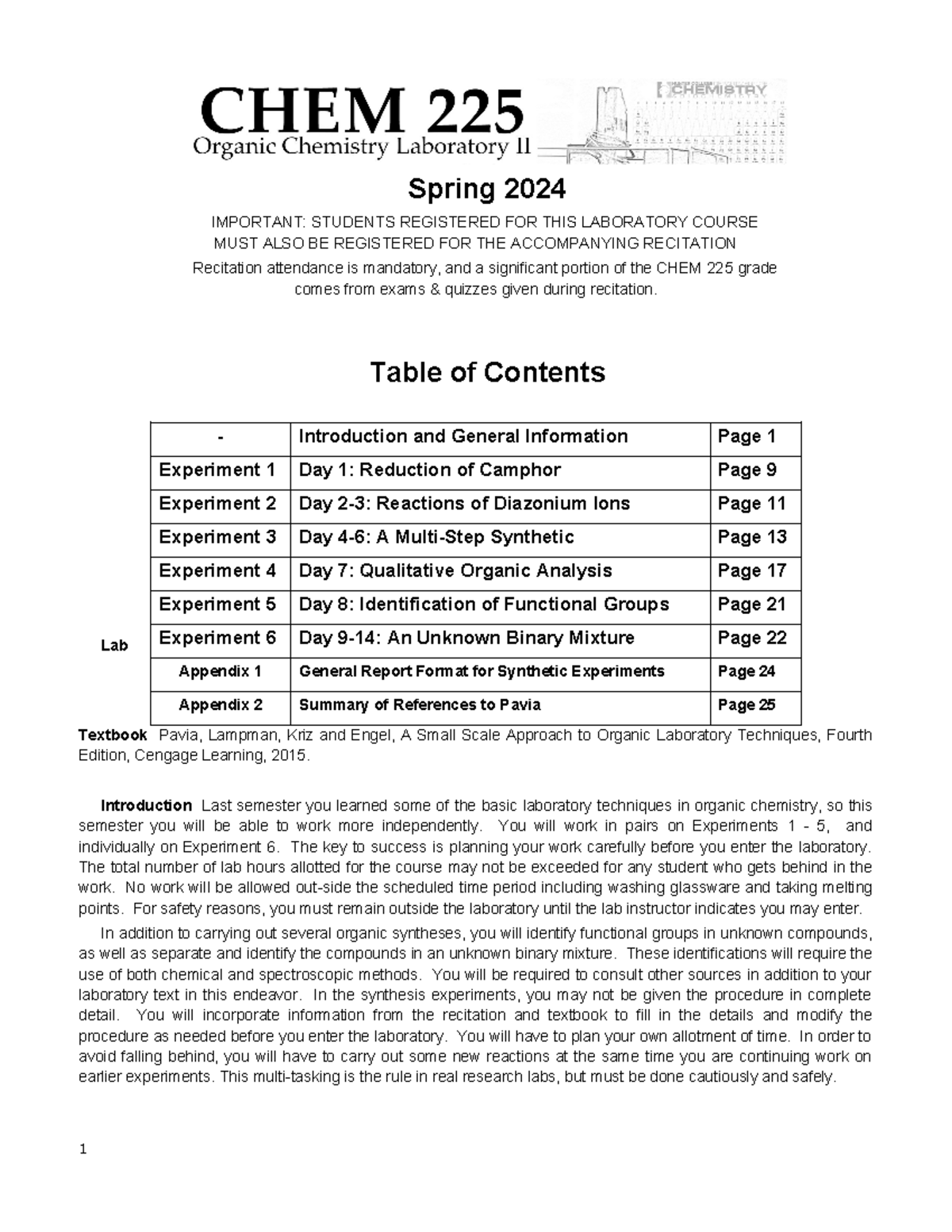 CHEM 225 Lab Manual F24 - Spring 2024 IMPORTANT: STUDENTS REGISTERED FOR THIS LABORATORY COURSE ...