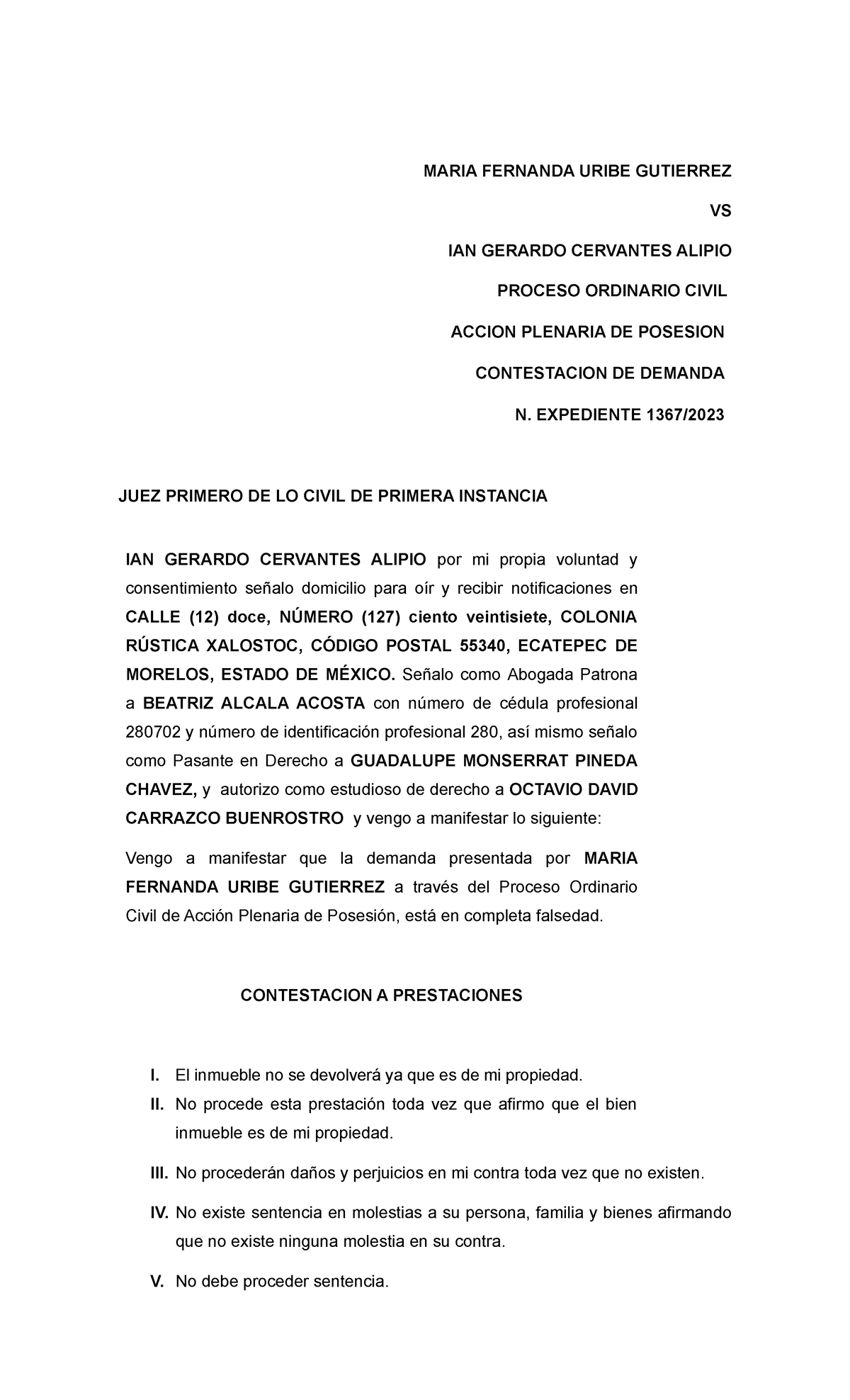 Contestacion De Demanda - MARIA FERNANDA URIBE GUTIERREZ VS IAN GERARDO ...
