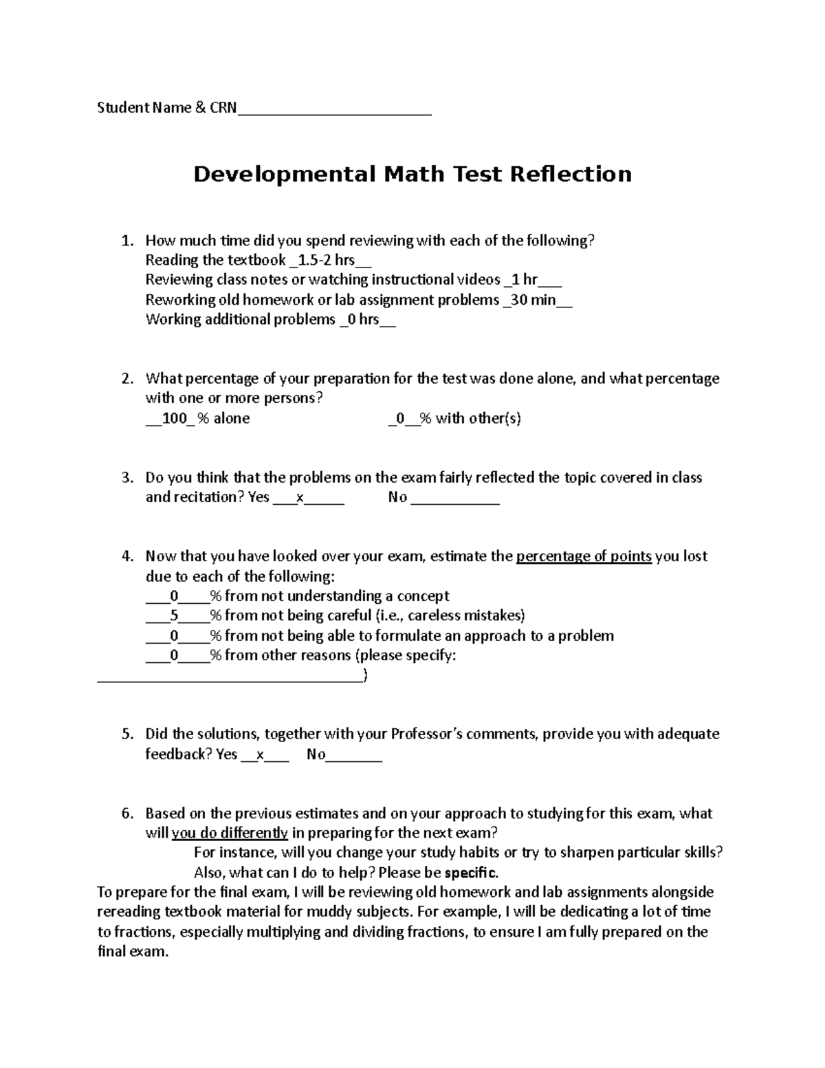 Kylie Coker Test Reflection - Student Name & CRN ...