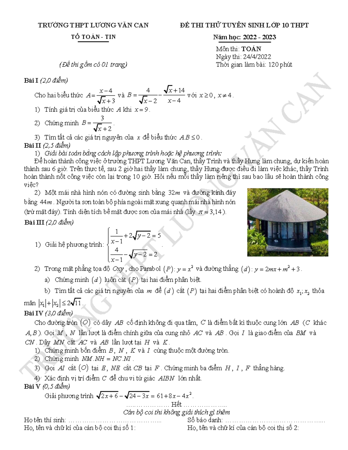 De thi tuyen sinh lop 10 nam hoc 2022 2023 ban chot - TRƯỜNG THPT LƯƠNG VĂN CAN TỔ TOÁN - TIN ĐỀ ...