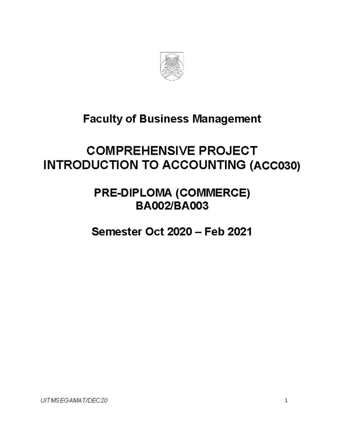 Acc project - Lecture notes 1 - Accounting - UiTM - Studocu