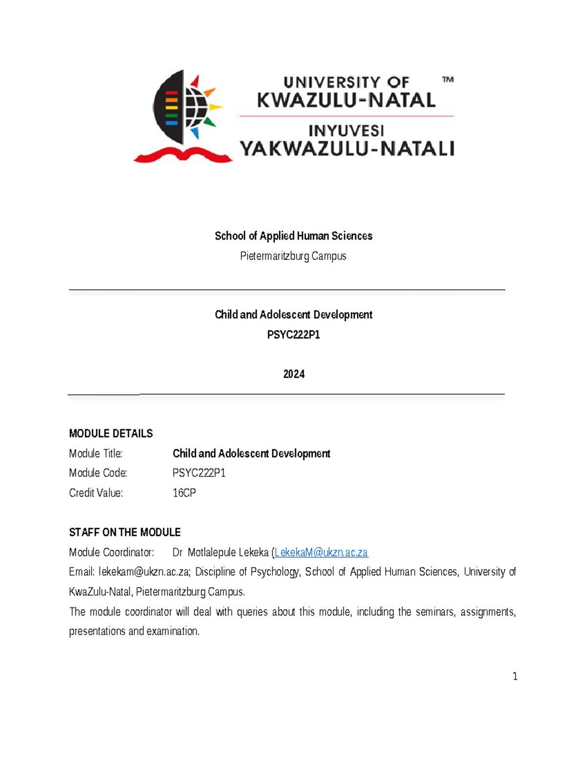 PSYC 222 Module Outline 2024 Updated - School of Applied Human Sciences ...