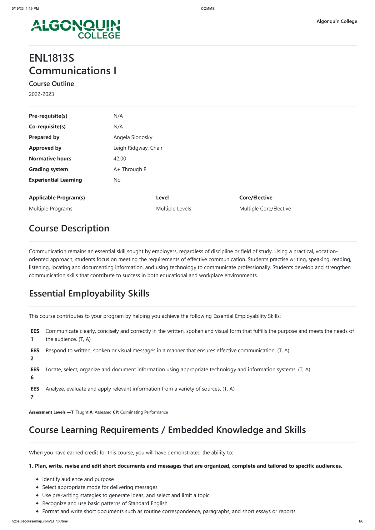 Comms - outline - ENL1813S Communications I Course Outline 2022 ...