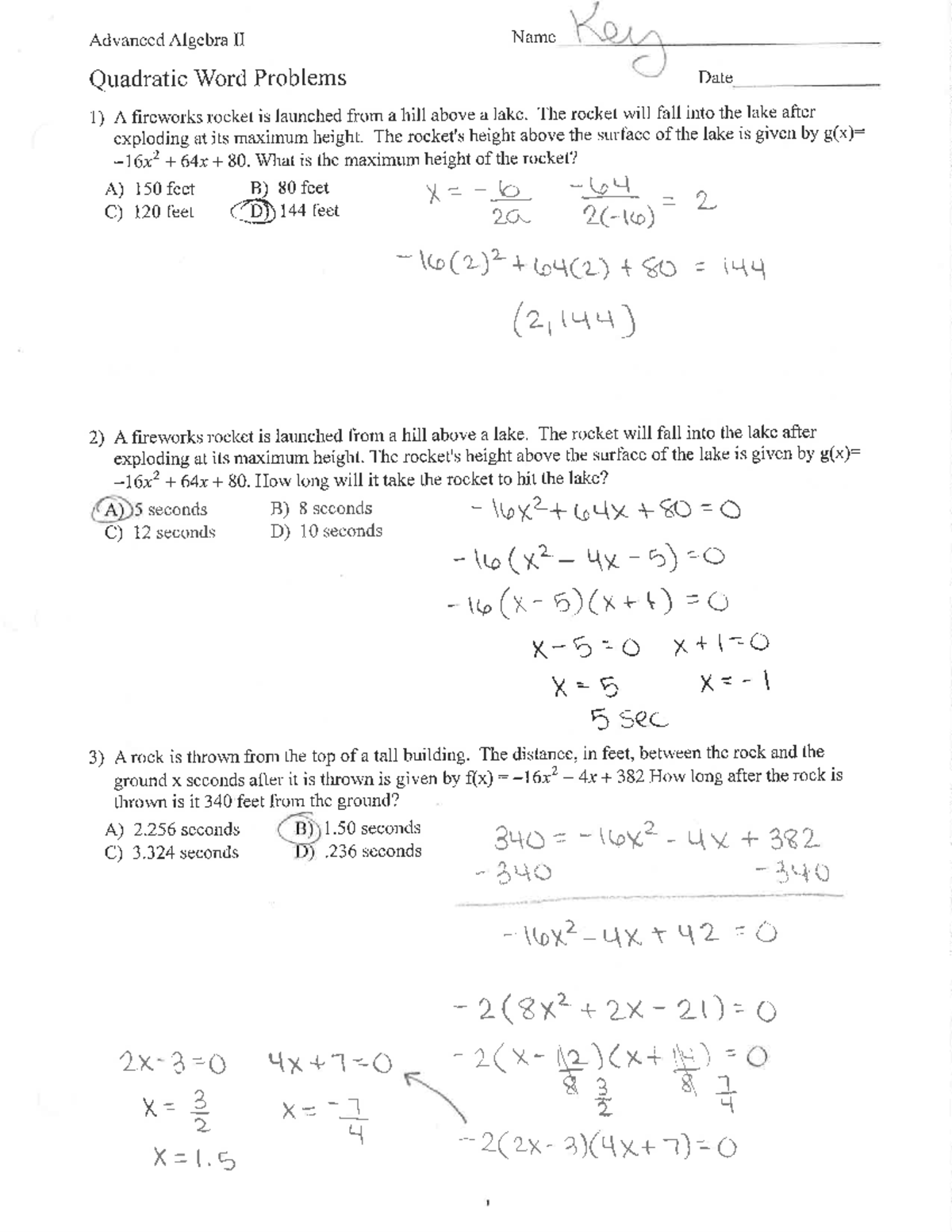 Quadratic word problems - all types and review - key - Financial mgt ...