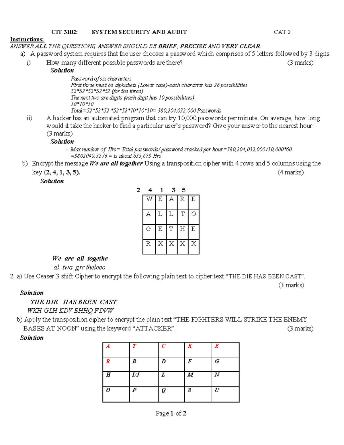 CIT 3102 Information System Security AND Audit CAT 2 Complete with ...