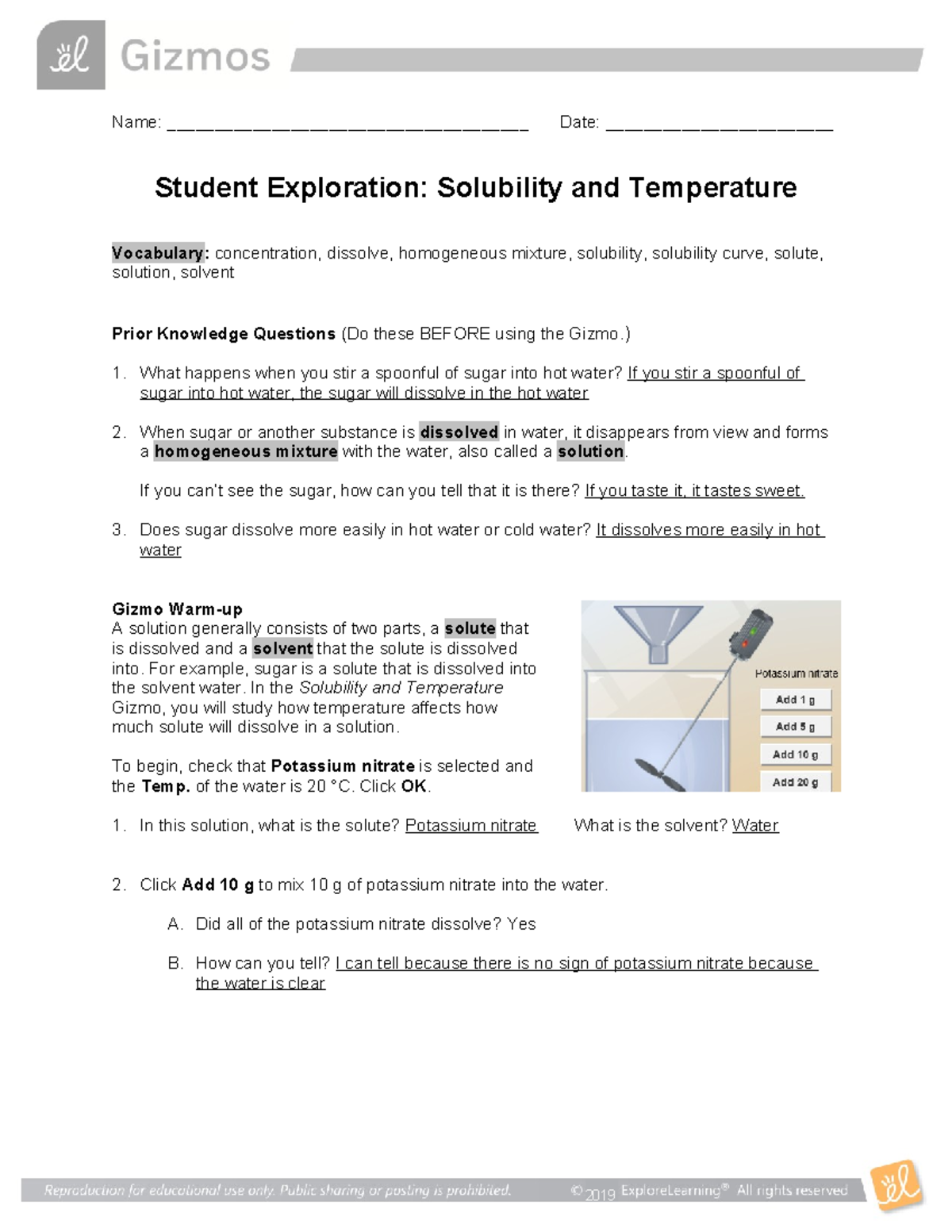 Solubility Temperature SE - Name ...