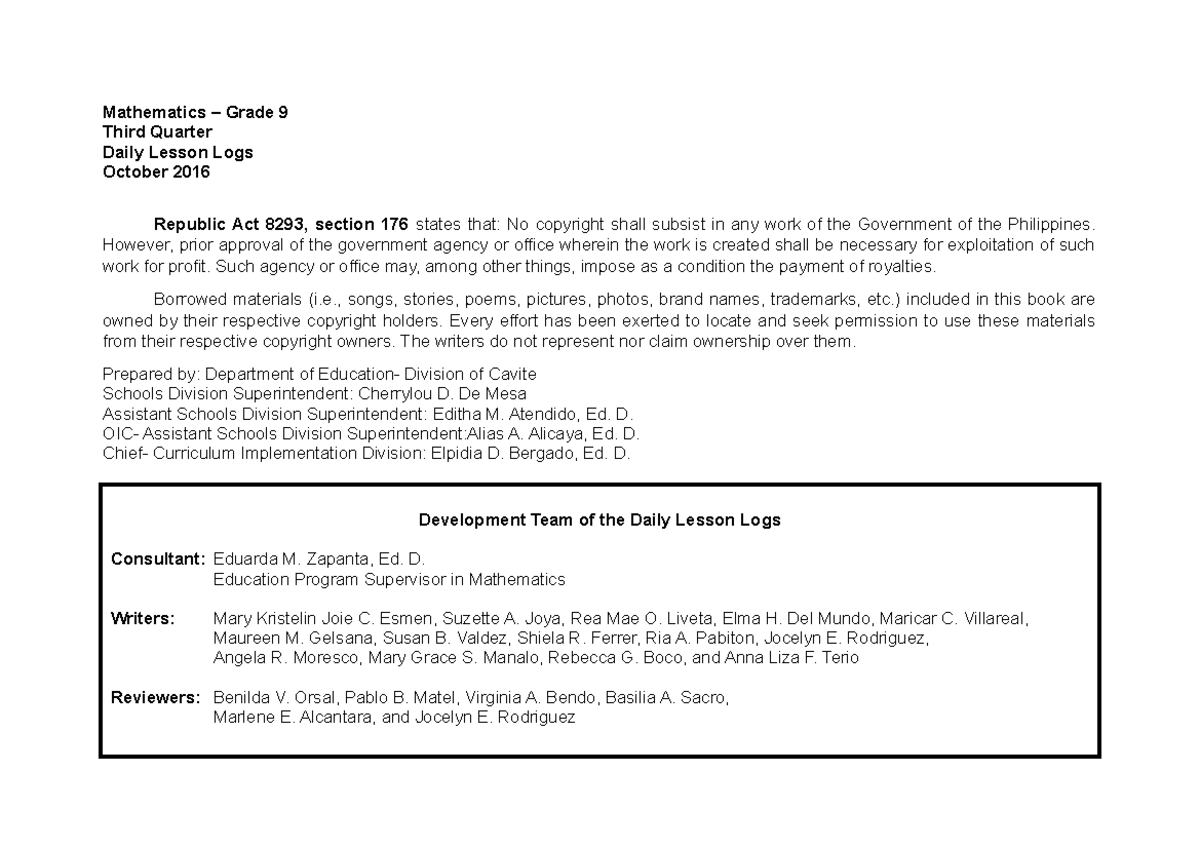 Prelim - dll g9 - Lesson Log for Grade 9 Mathematics Quarter 3. It will ...