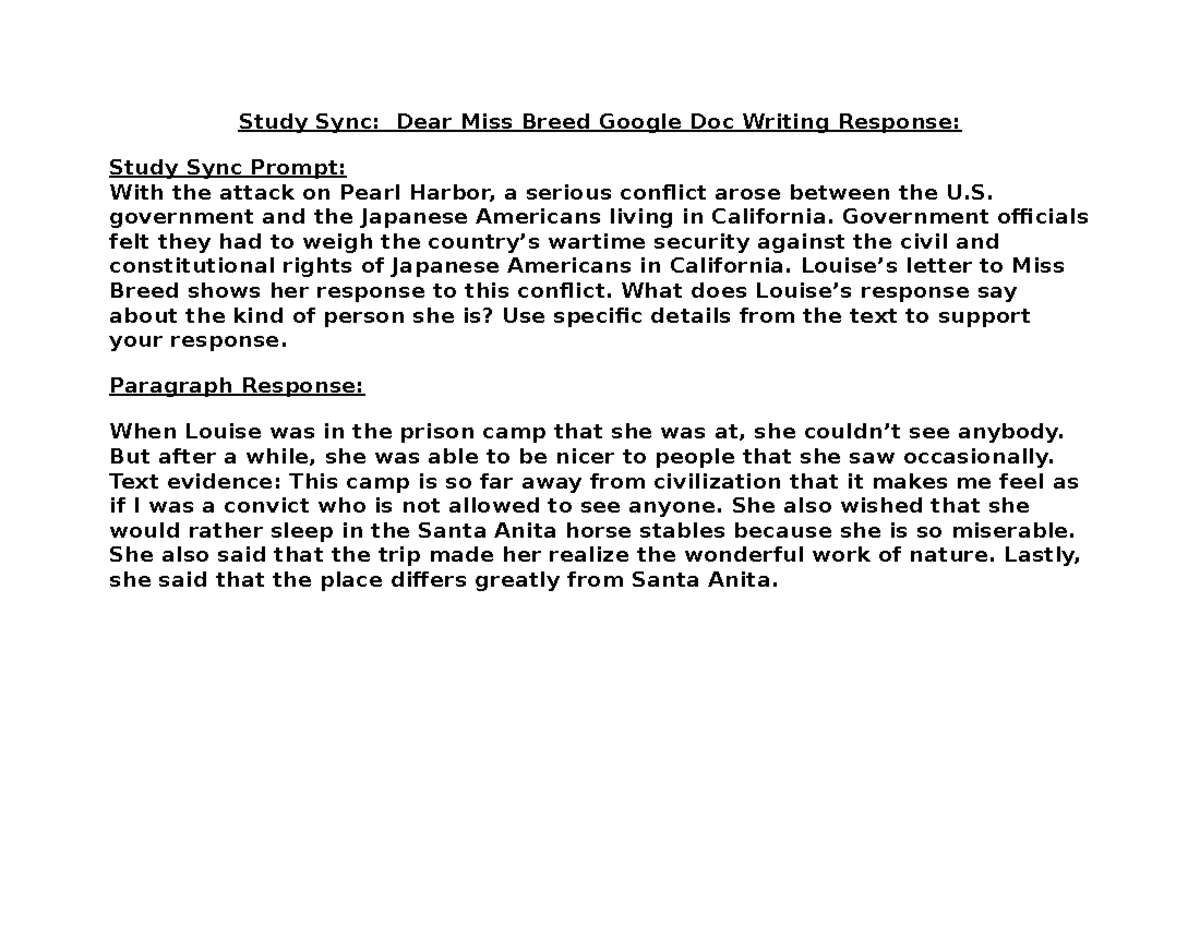 Study Sync Dear Miss Breed - government and the Japanese Americans ...