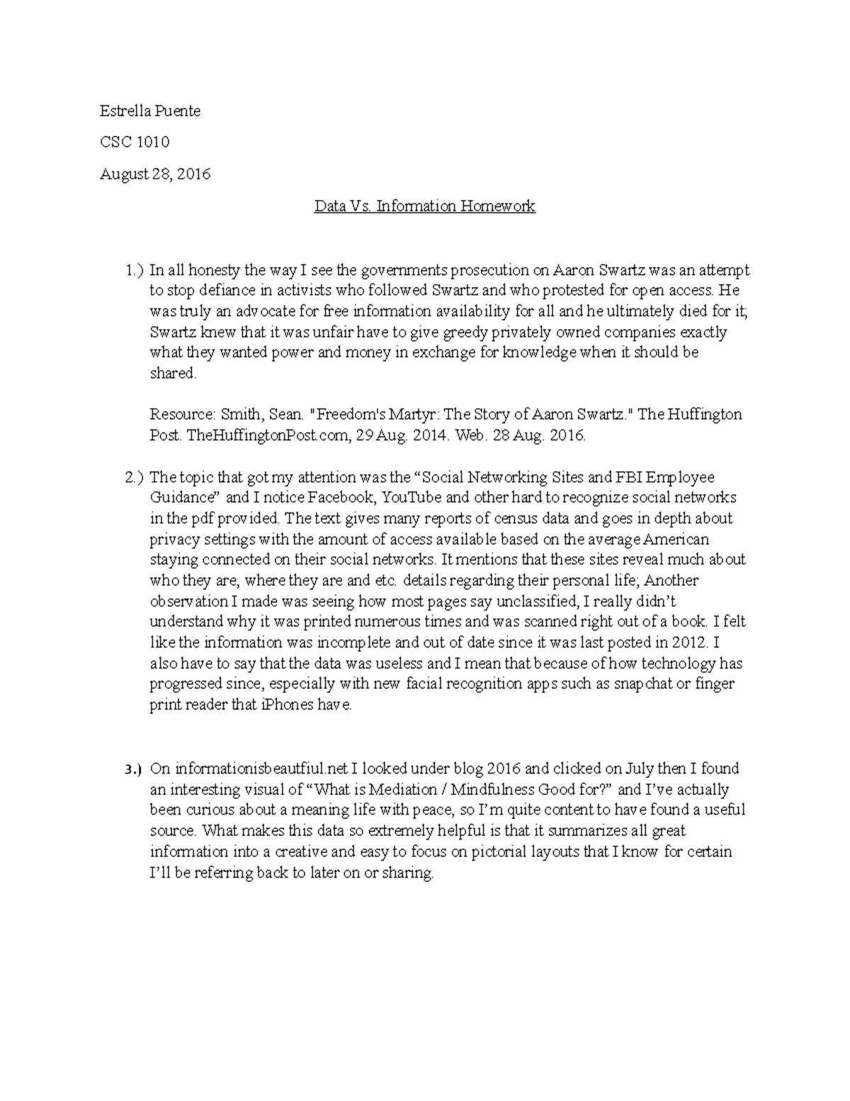 Estrella Puente csc hw - Data vs information homework answers - Estrella Puente CSC 1010 August ...