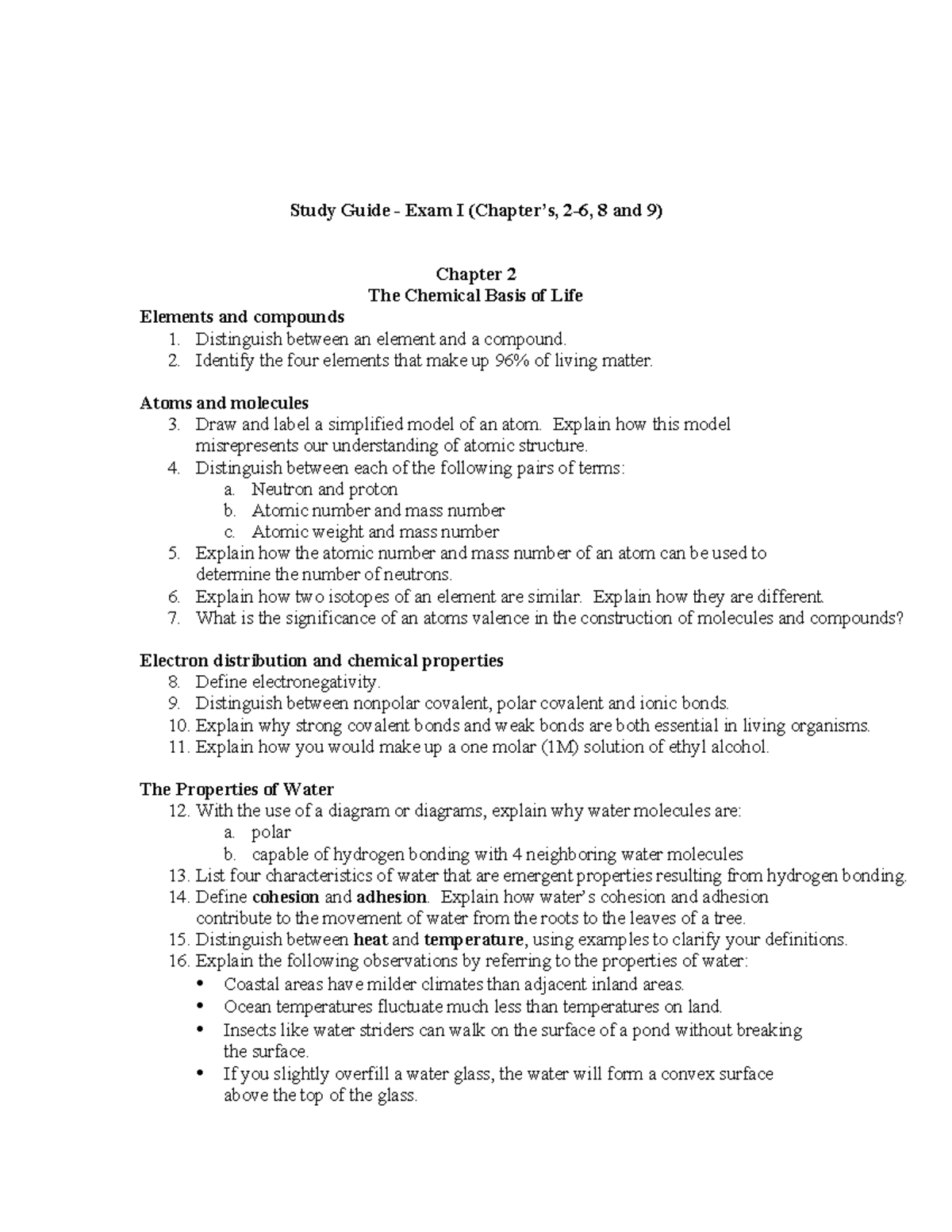 Study Guide Exam I - Distinguish between an element and a compound. 2 ...