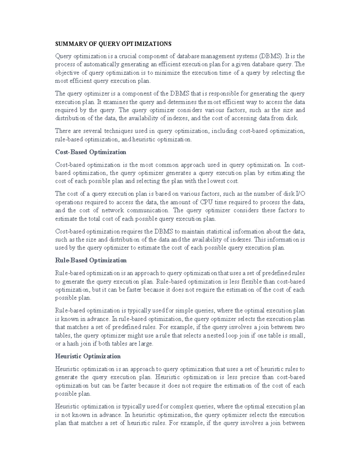 Summary Of Query Optimizations Summary Of Query Optimizations Query Optimization Is A Crucial