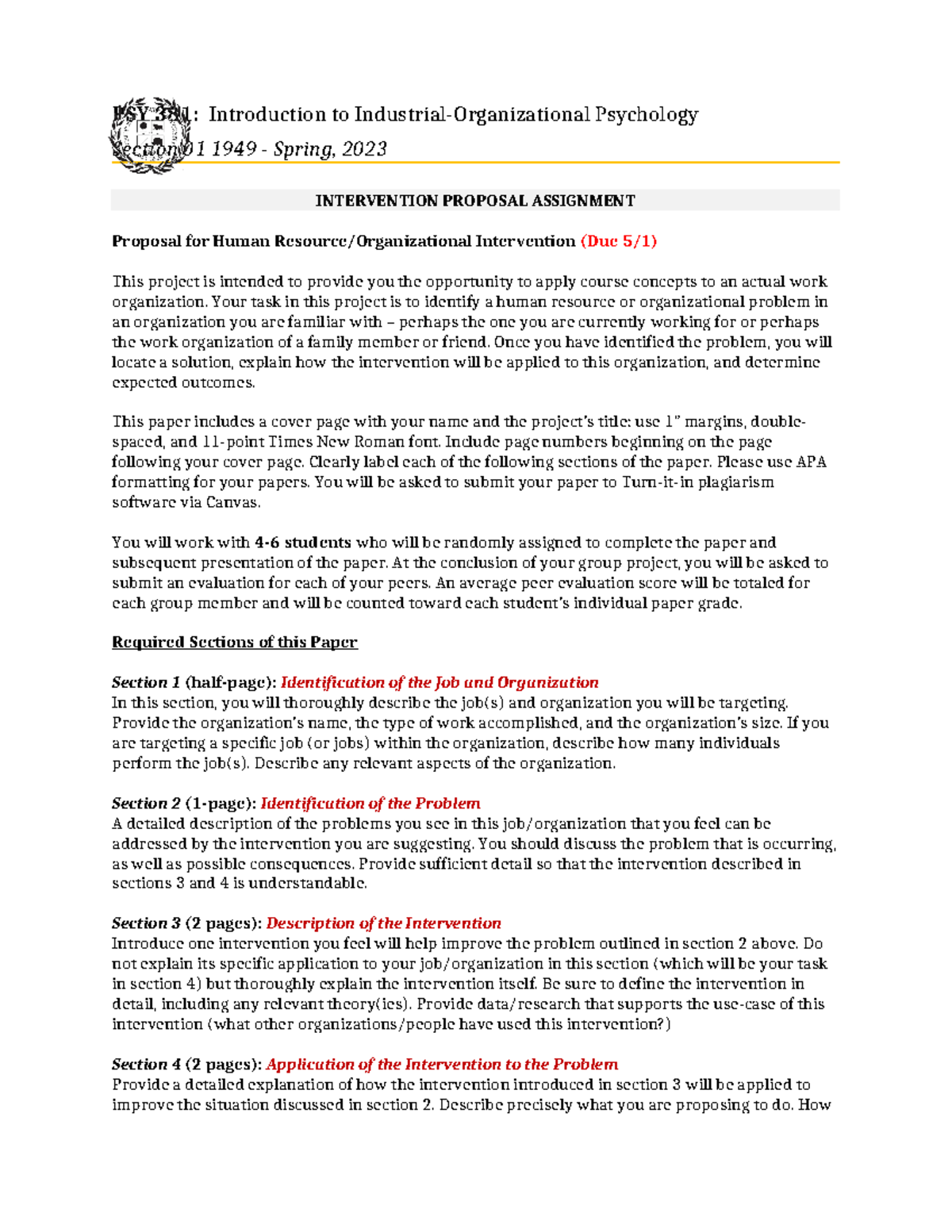 2- Intervention Proposal Assignment - PSY 381: Introduction to ...