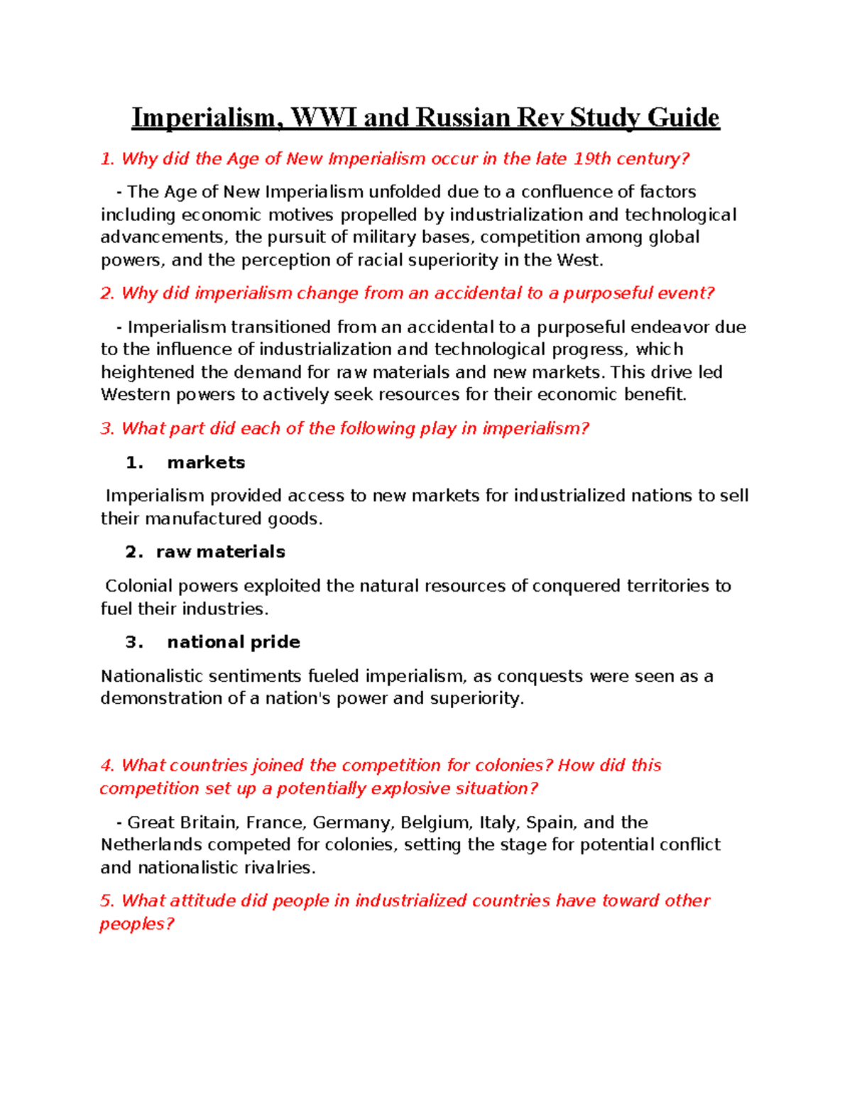 Imperialism, WWI and Russian Rev Study Guide - Why did imperialism ...