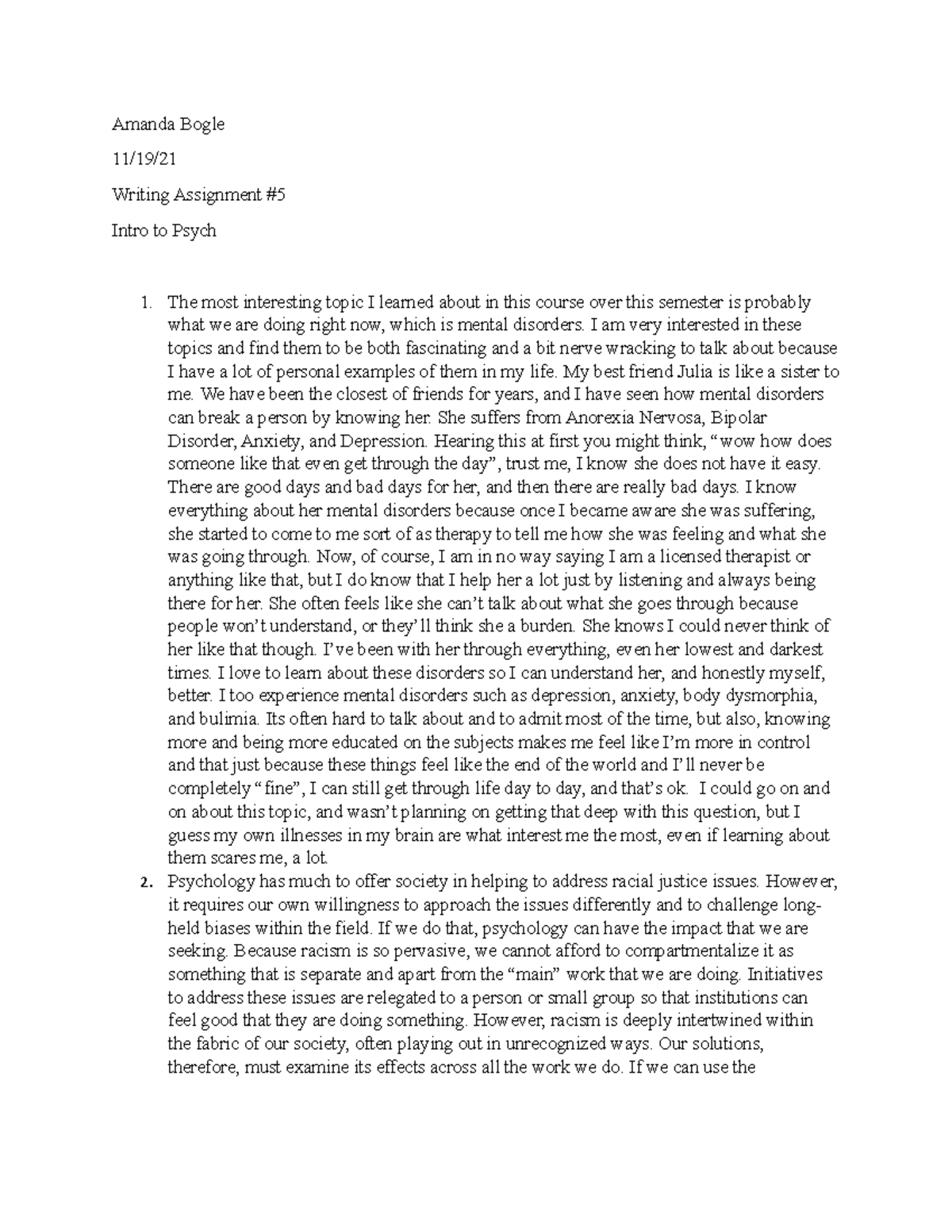 Amanda Bogl5 writing assignment for college writing - Amanda Bogle 11 ...