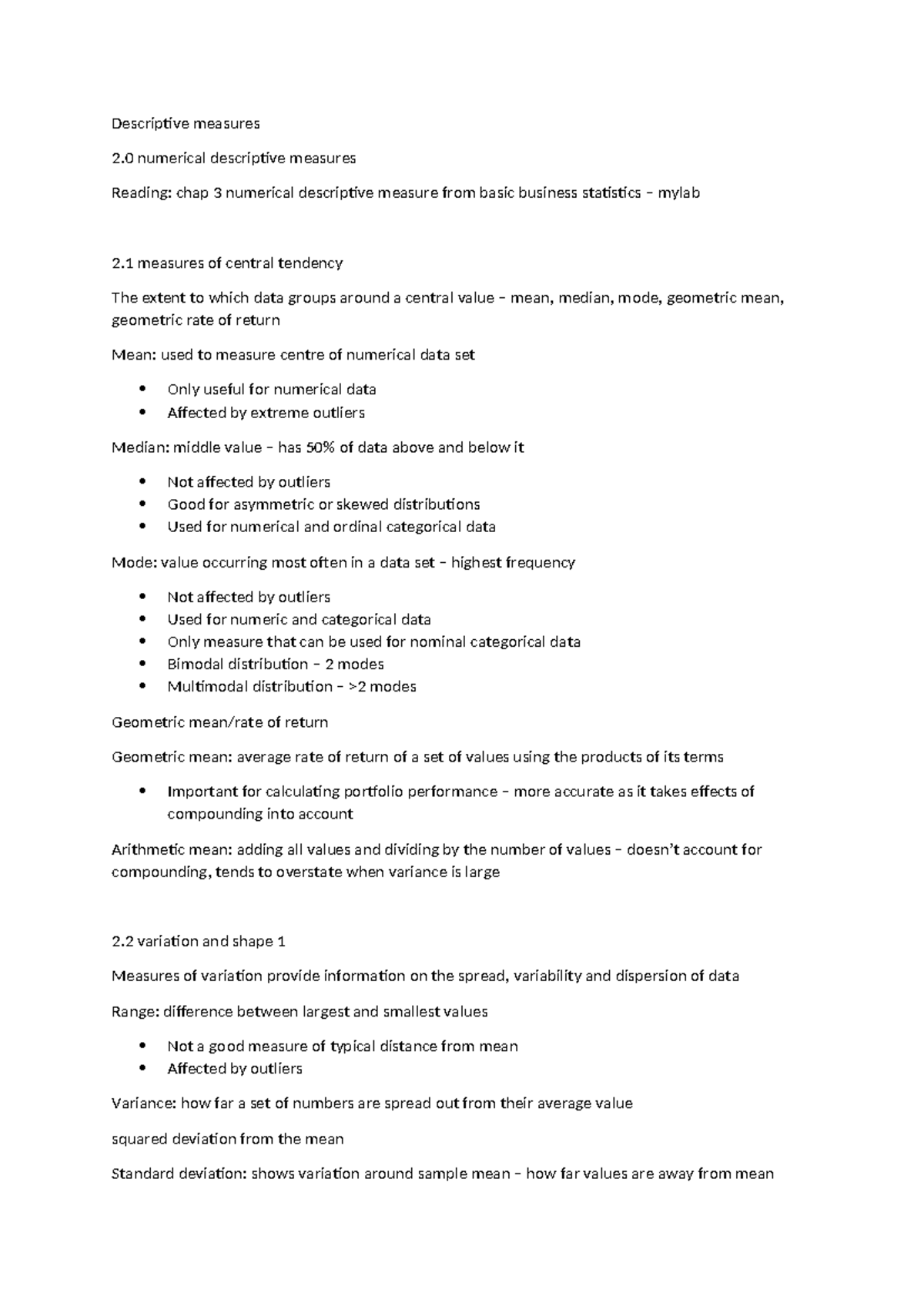2. Descriptive measures - Descriptive measures 2 numerical descriptive measures Reading: chap 3 ...