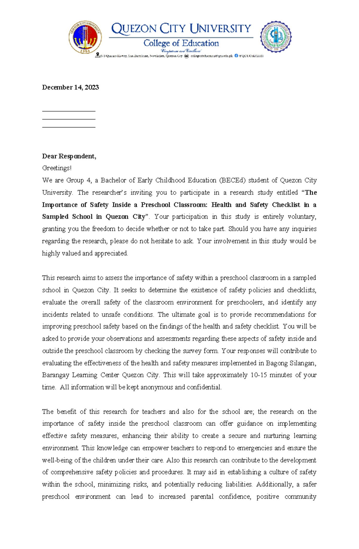 Health Nutrition and safety letter - December 14, 2023 Dear Respondent ...