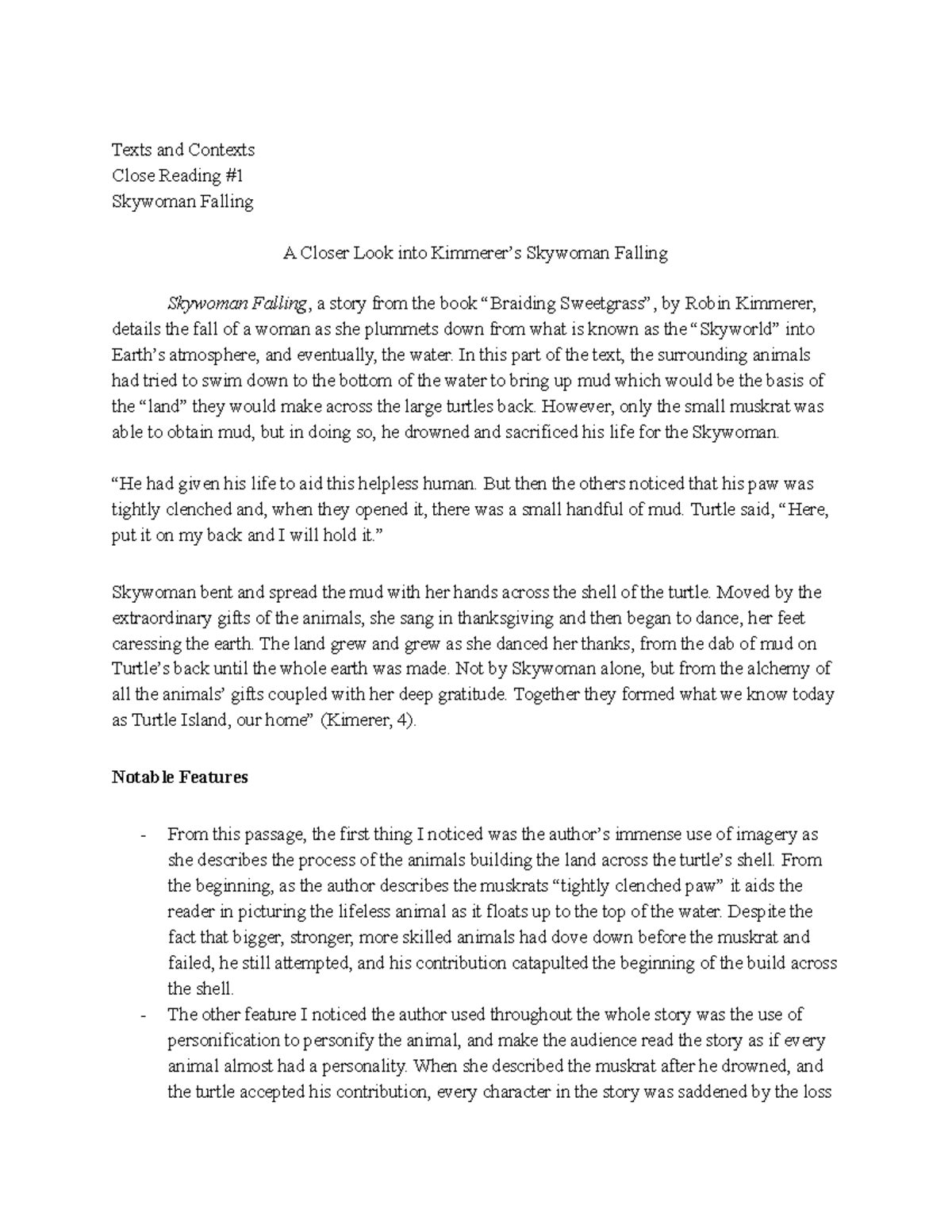 Close Reading #1 - Texts and Contexts Close Reading # Skywoman Falling ...