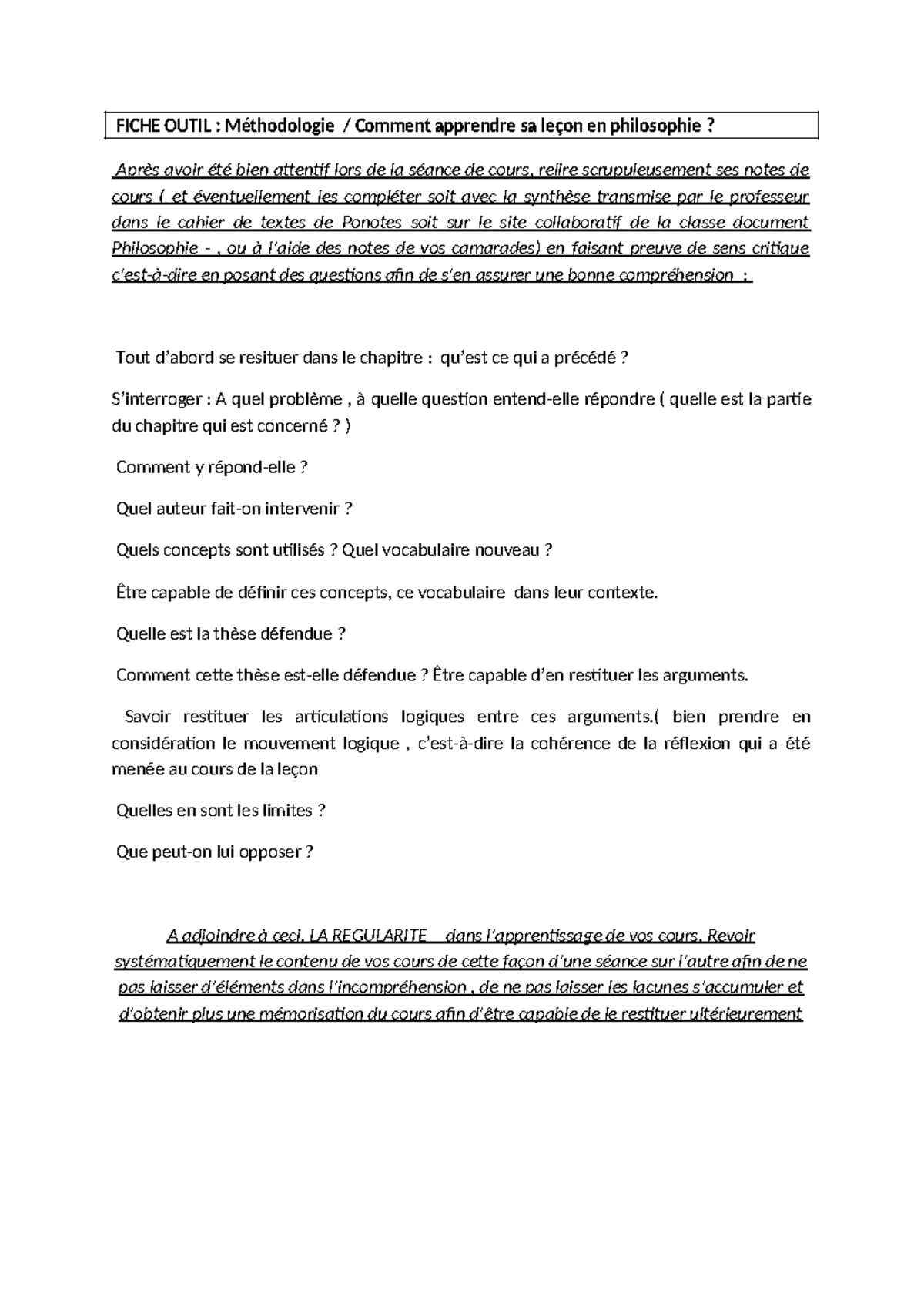 Fiche Outil apprentissage leçon - FICHE OUTIL : Méthodologie / Comment ...