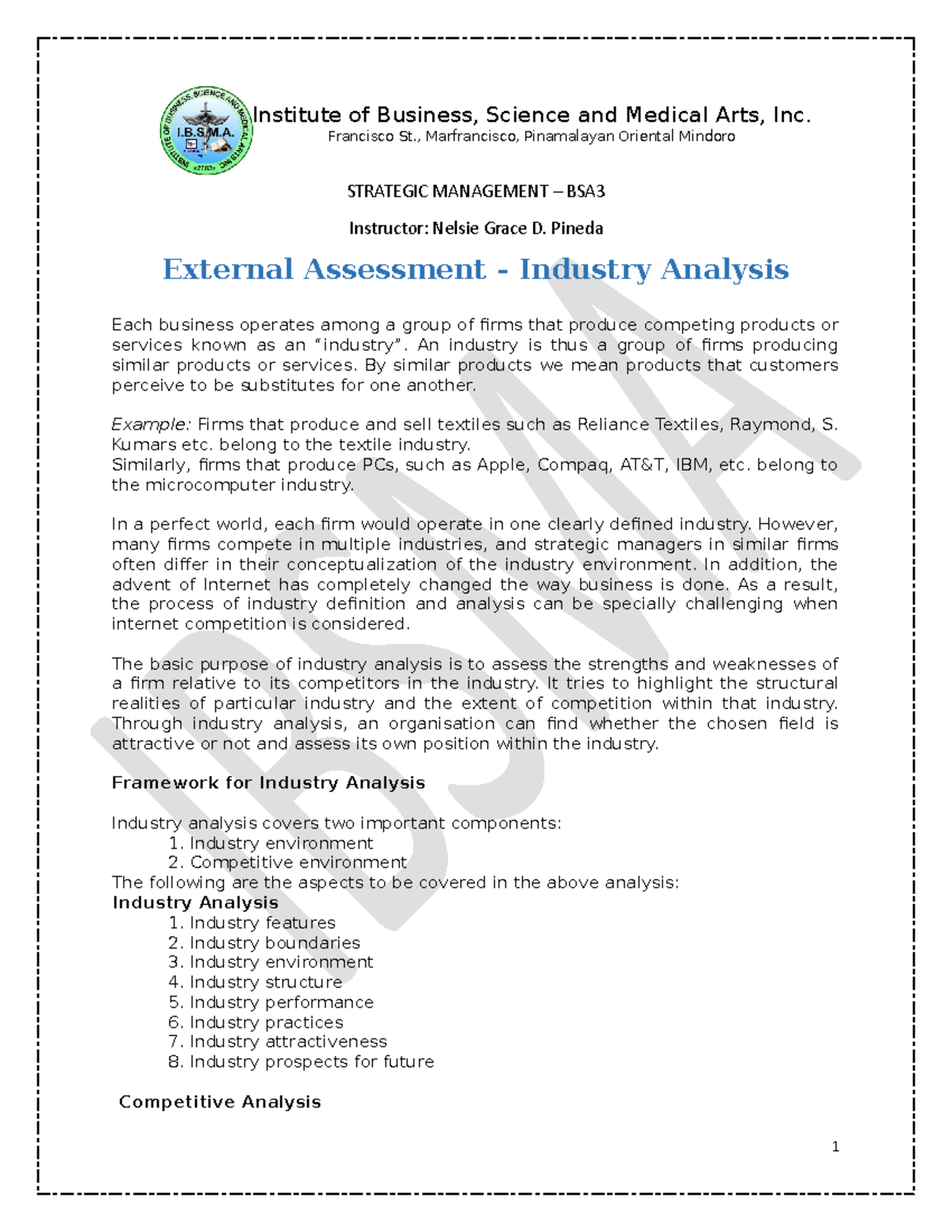 External Assessment - Industry Analysis - Strategic Cost Management ...