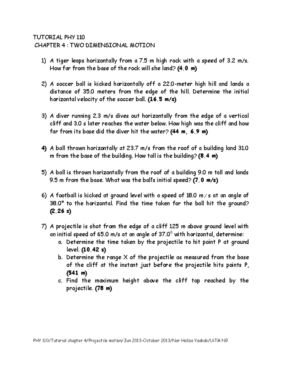 Tutorial Chap 4 (Two Demensional Motion) - PHY 110/Tutorial chapter 4 ...