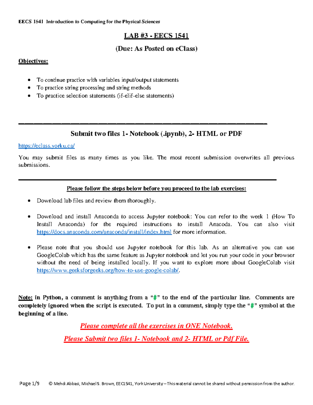 Lab3 winter 2024 - Lab 3 - LAB #3 - EECS 1541 (Due: As Posted on eClass) Objectives: To continue ...
