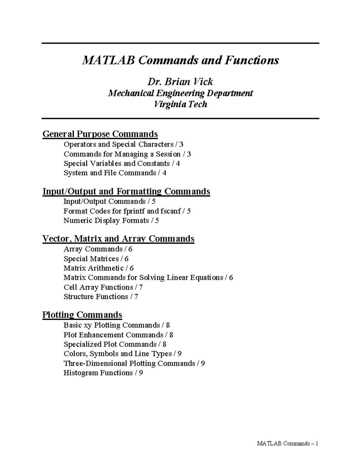 Matlab Commands Matlab Commands And Functions Dr Brian Vick 4448