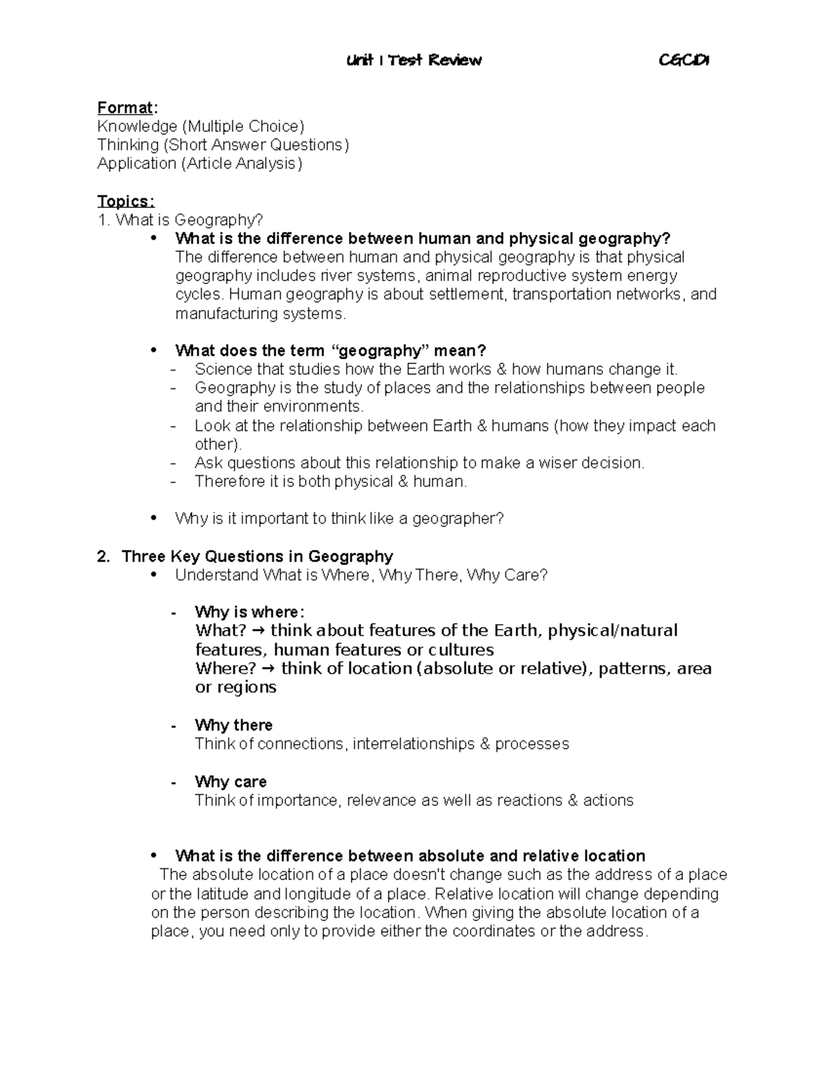 Copy of CGC1D- Unit 1 Test Review - Format: Knowledge (Multiple Choice ...