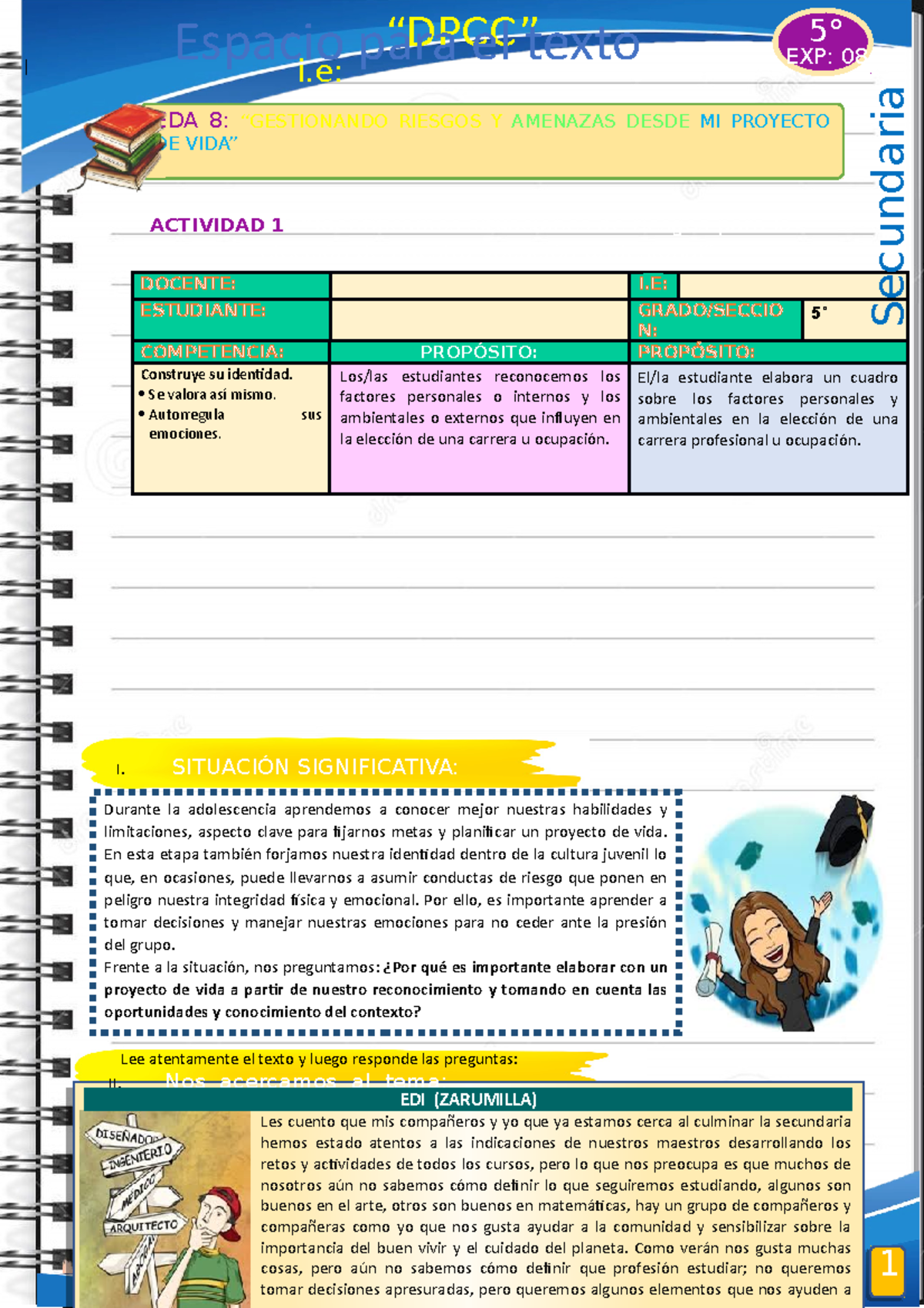 5° DPCC Ficha DE Actividad 1 EDA 8 - | DOCENTE: I: ESTUDIANTE: GRADO/SECCIO N: 5° COMPETENCIA ...