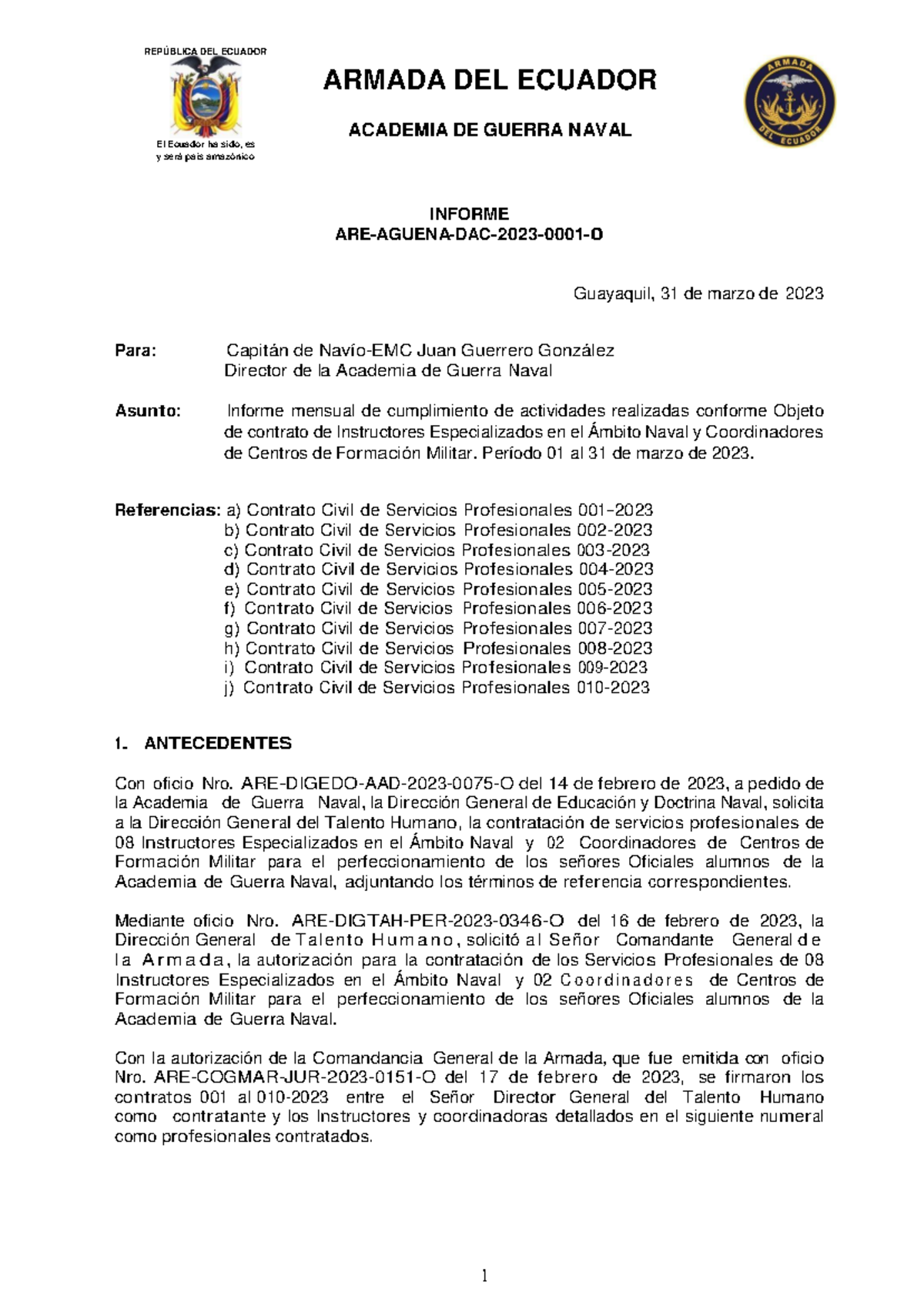 Informe Aguena-DAC-2023-001-O pago Instruc y Coordi Marzo 2023 - ARMADA ...