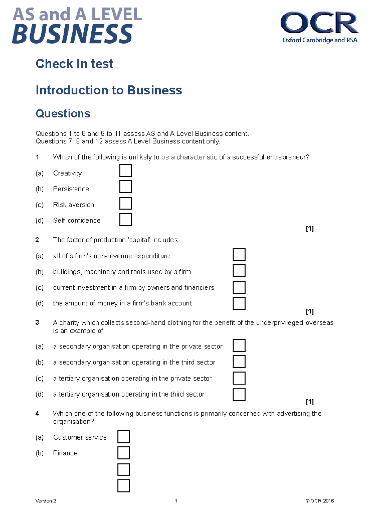 281556 introduction to business - Check In test Introduction to ...