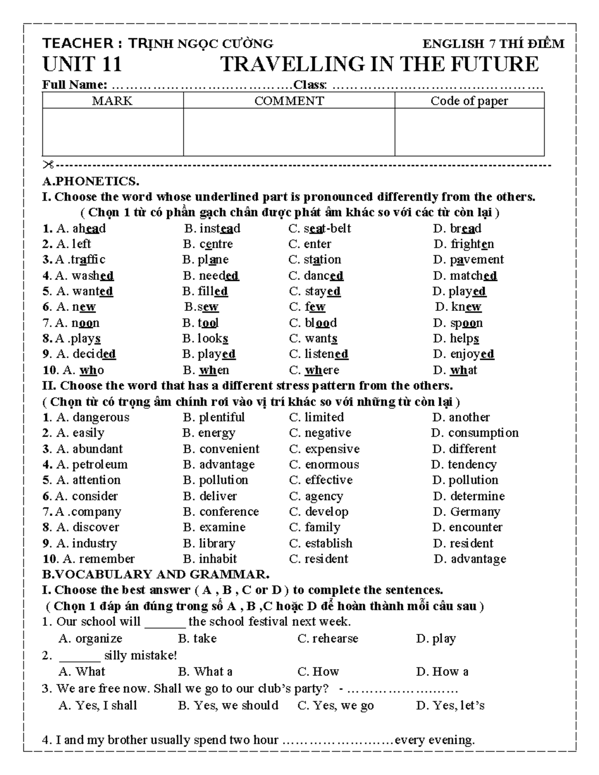 Exercises FOR UNIT 11 - note - UNIT 11 TRAVELLING IN THE FUTURE Full ...