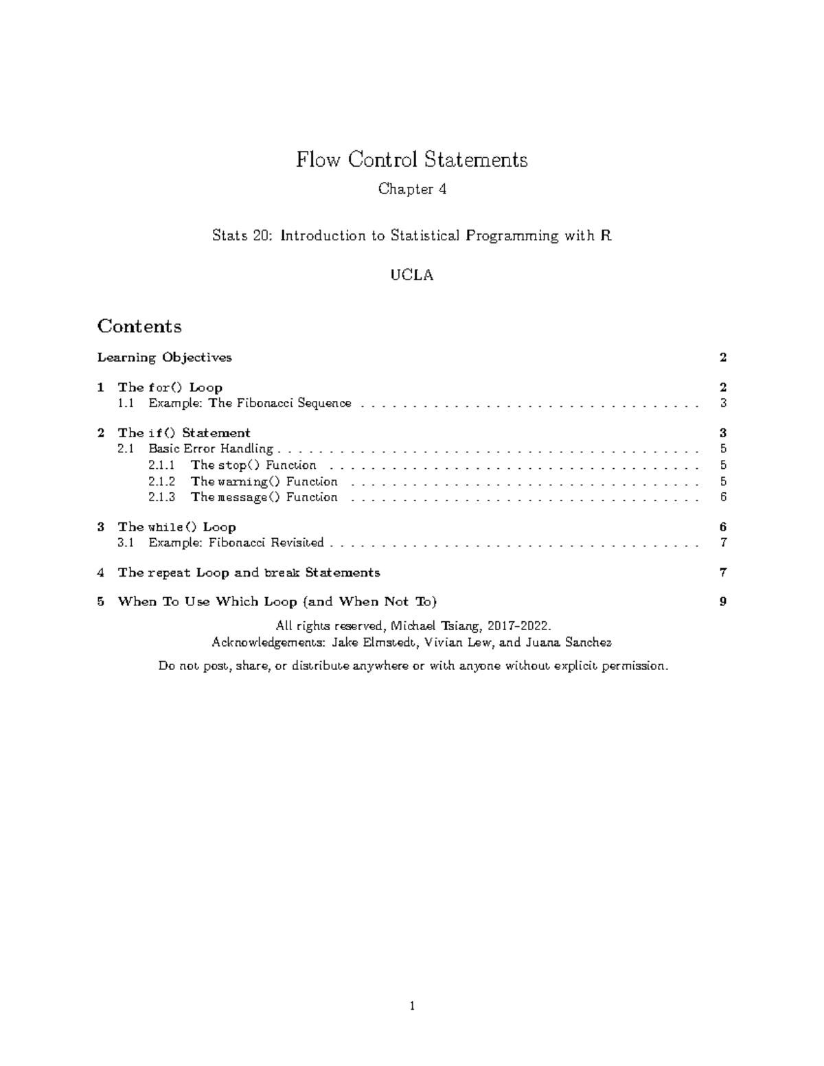 Chapter-4 - introduction to statsitical programming - Flow Control Statements Chapter 4 Stats 20 ...