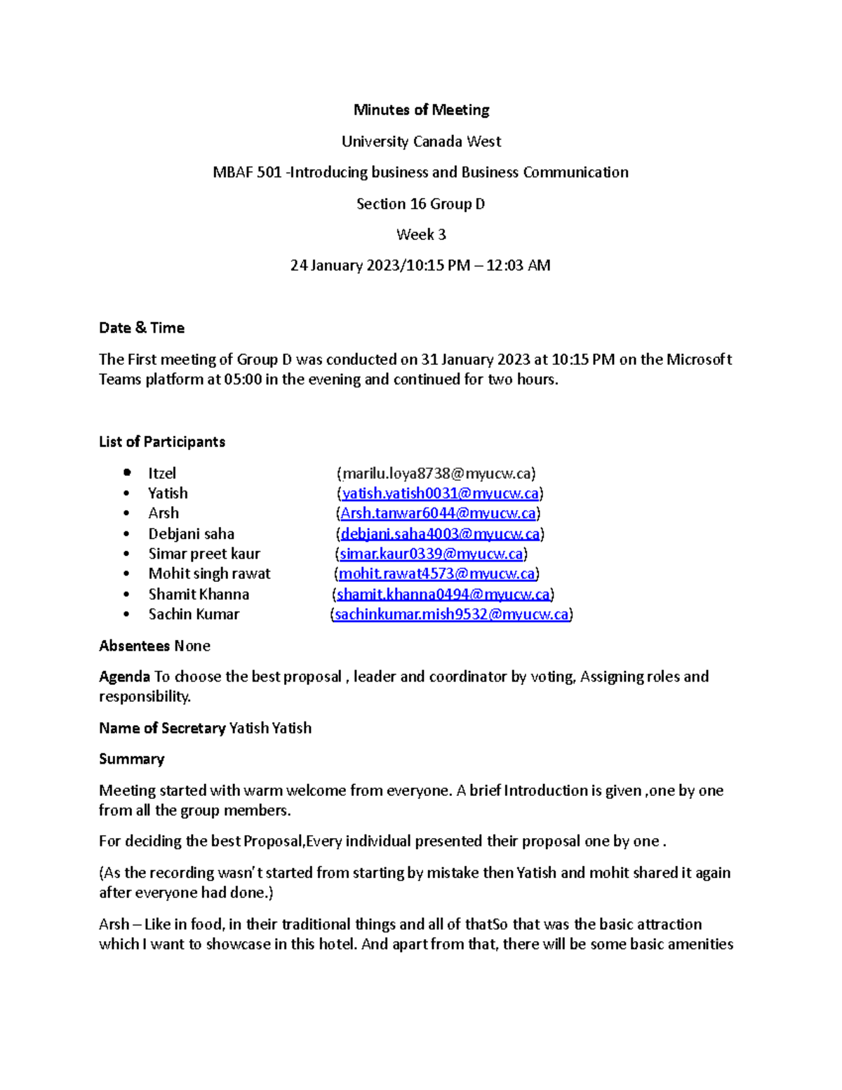 MOM week3 - mom for meetings - Minutes of Meeting University Canada ...