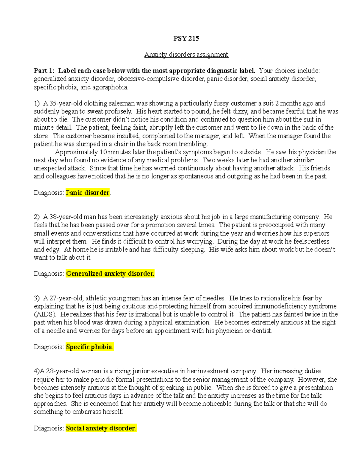 Anxiety Disorders - This assignment is for Abnormal Psychology 215 at ...