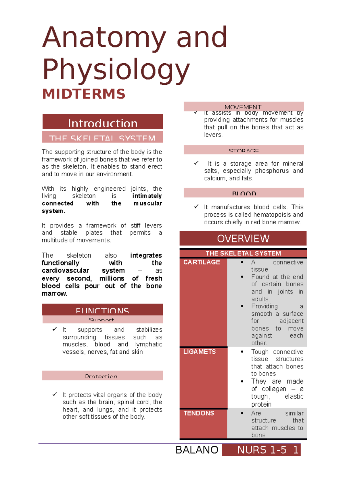 THE Skeletal System Notes - Physiology MIDTERMS The supporting ...