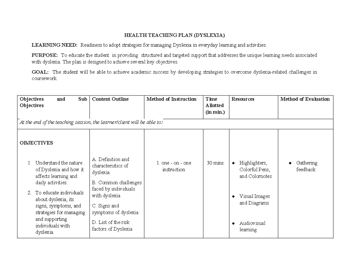 Sample- Teaching-PLAN - HEALTH TEACHING PLAN (DYSLEXIA) LEARNING NEED ...