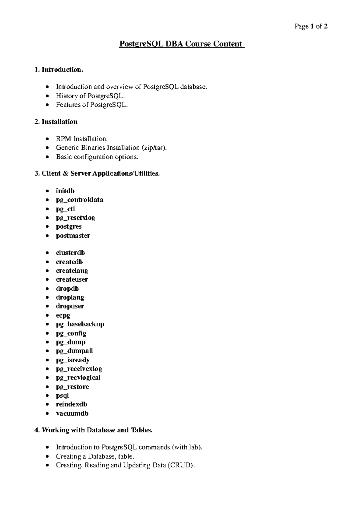louibjk,hjbhjkjkjbkjbnk - Page 1 of 2 PostgreSQL DBA Course Content ...