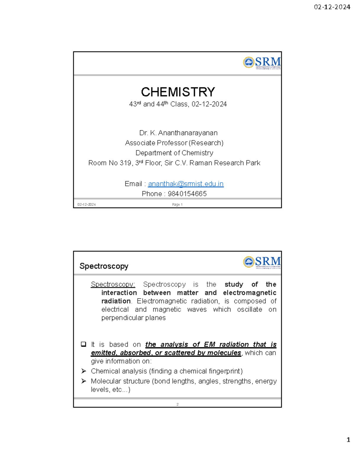Lecture Handouts - Classes 43 and 44 - 02-12-2024 Page 1 ####### Dr Dr ...