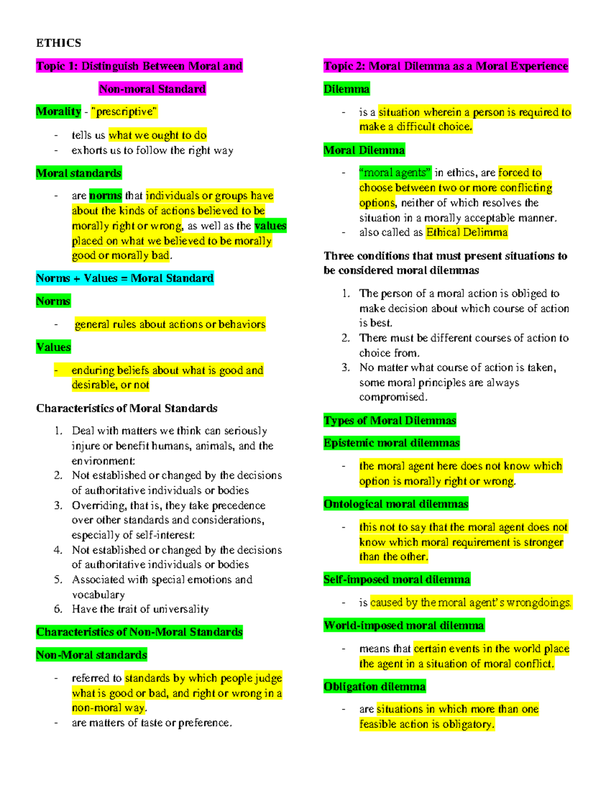 Ethics Reviewer - ETHICS Topic 1: Distinguish Between Moral and Non ...