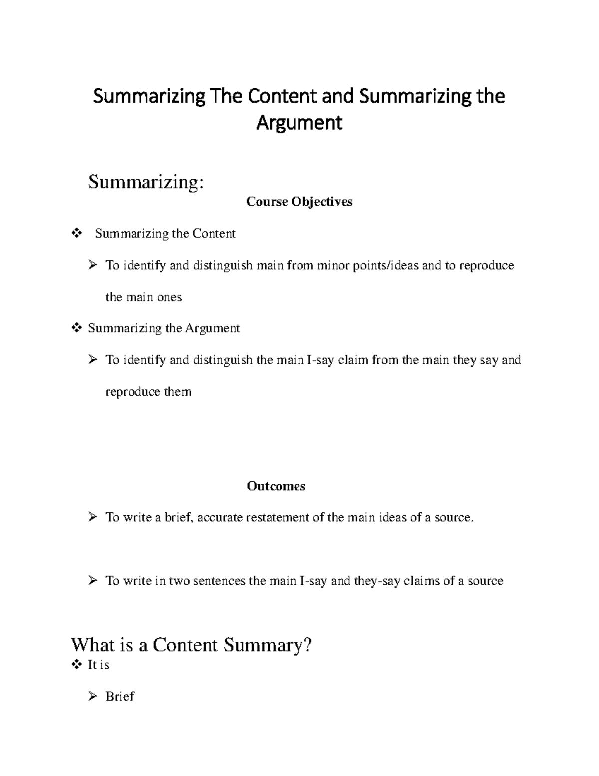 Summarizing for the Content and the Argument - Summarizing The Content and Summarizing the ...