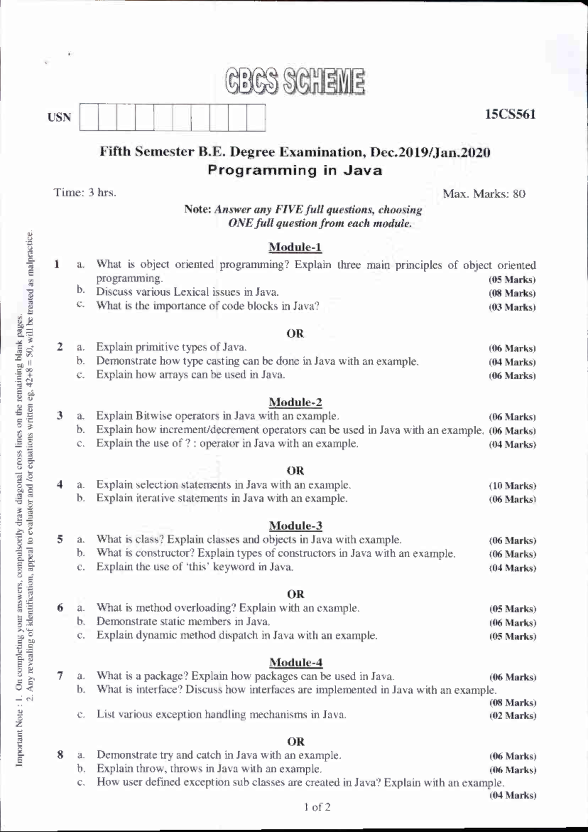 SCH 15cs561 - CBCS SCHEME USN 15CS561 Fifth Semester B. Degree Examination, Programming in Java ...