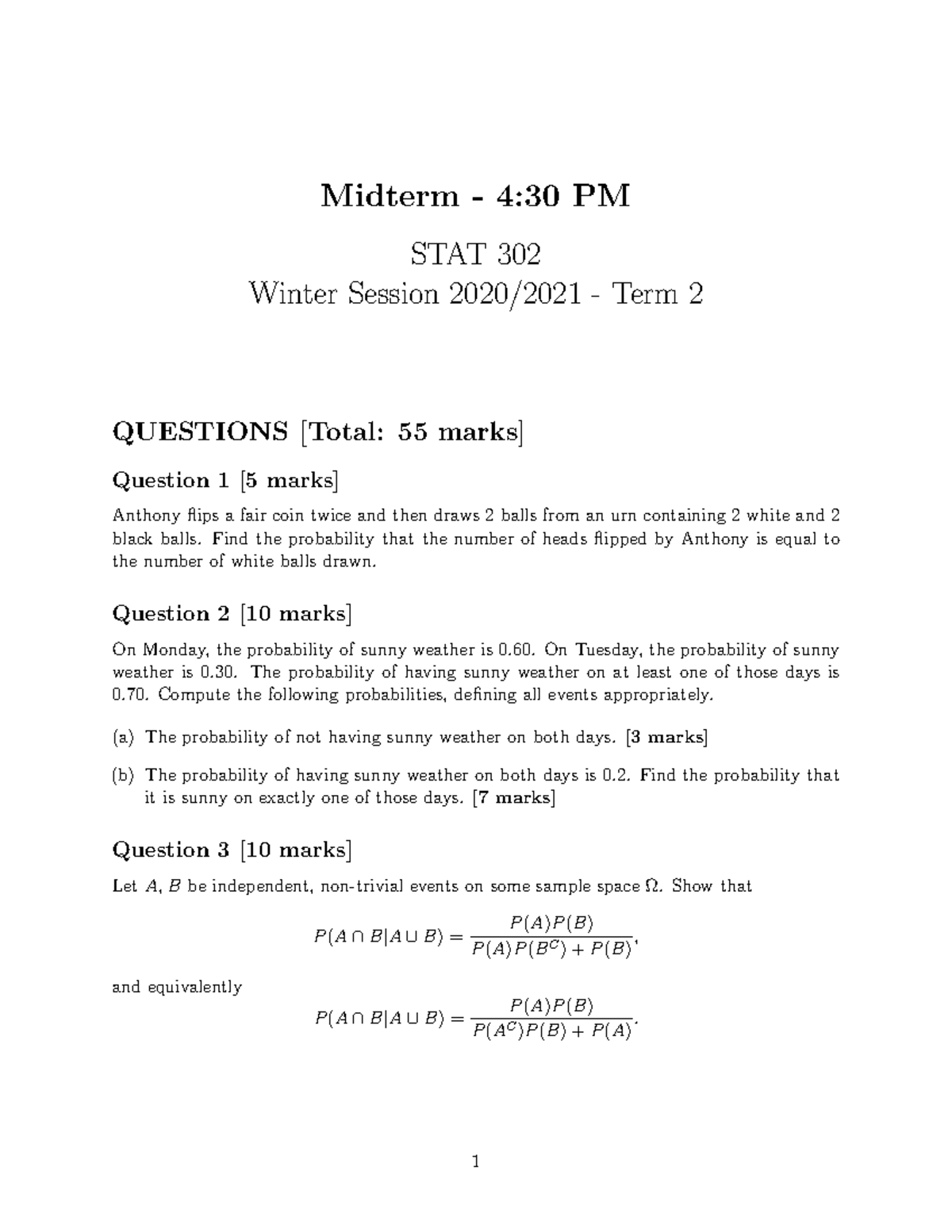 UBC STAT302 Midterm Exam Solution 4:30 pm 2020 - Midterm - 4:30 PM STAT ...