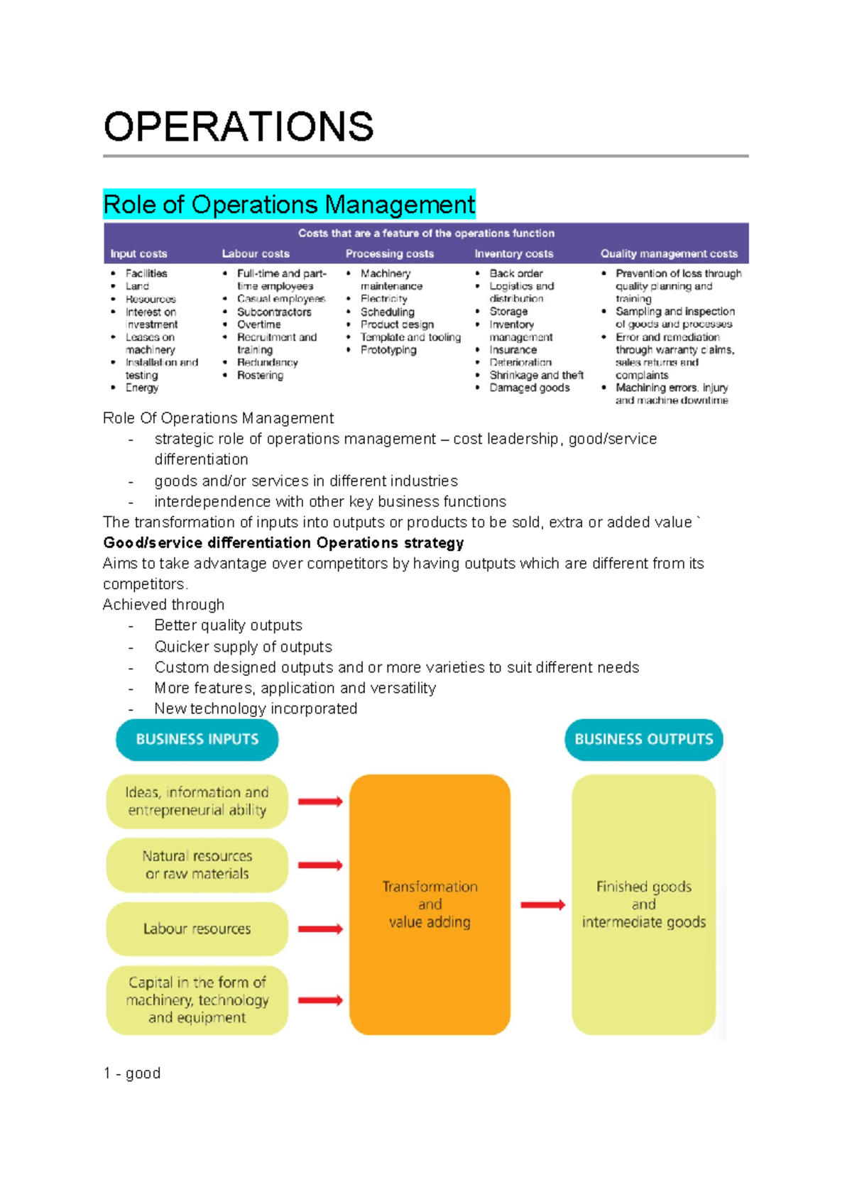 Business studies, OPERATIONS notes - OPERATIONS Role of Operations ...