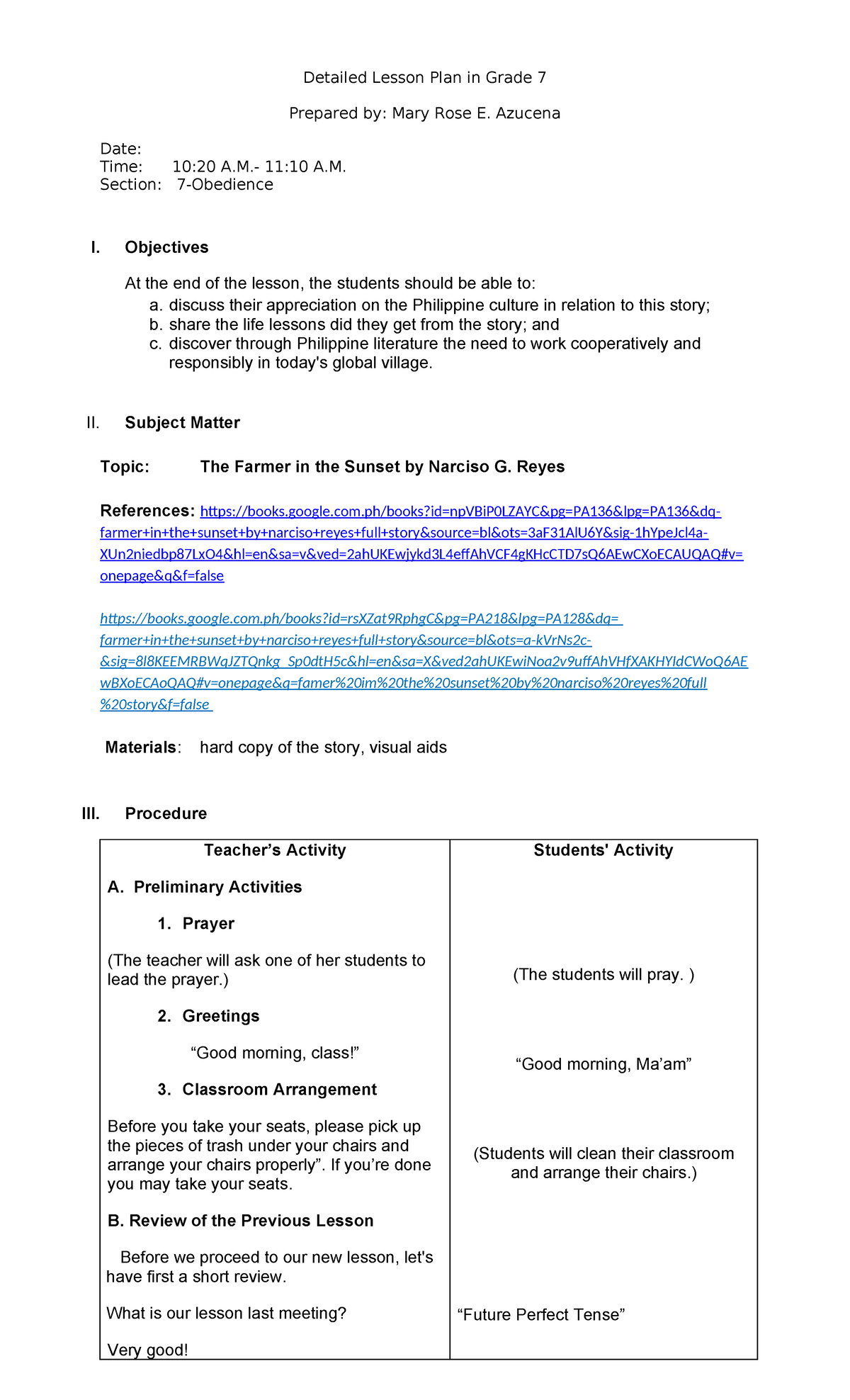 DLP - N/A - Detailed Lesson Plan in Grade 7 Prepared by: Mary Rose E ...