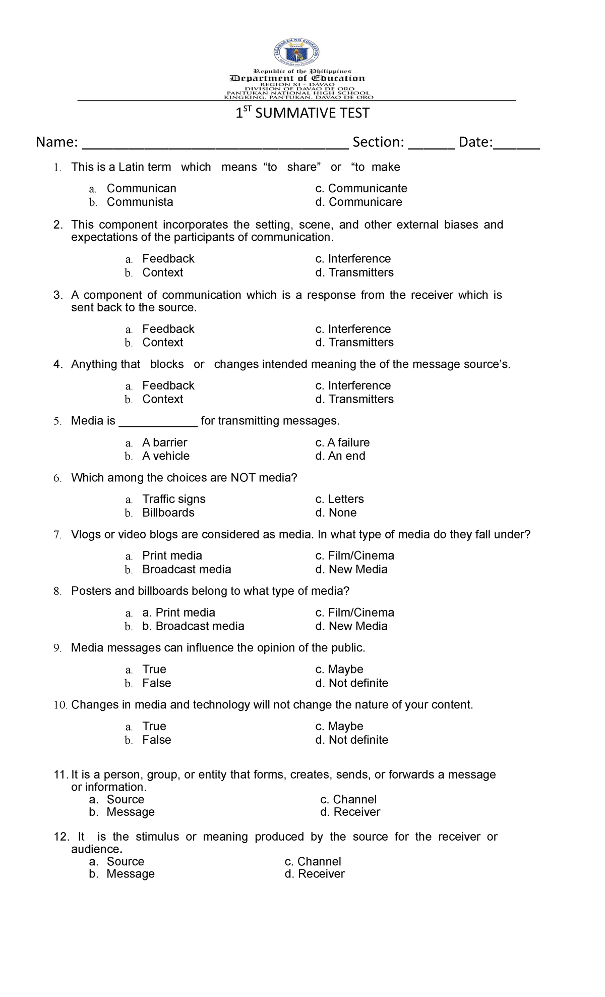 Summative Assessment 1 - 1 ST SUMMATIVE TEST Name ...