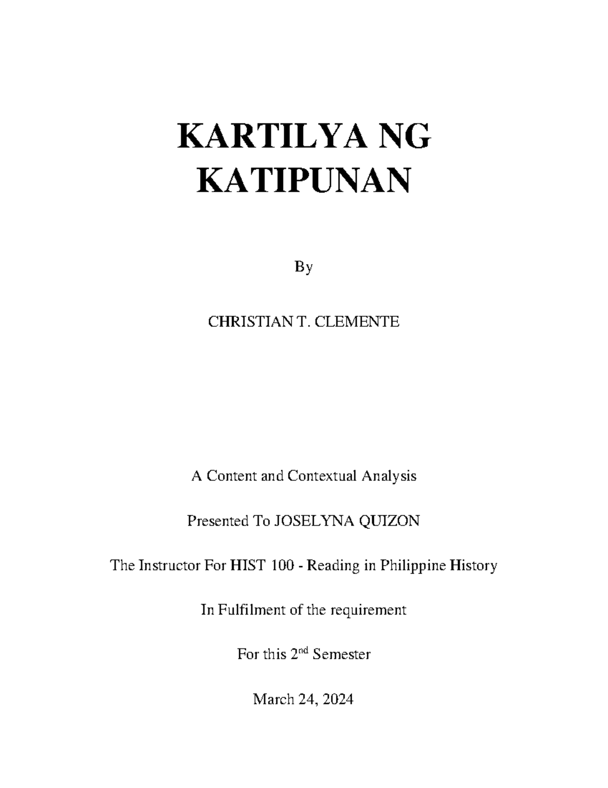 Document-16 - KARTILYA NG KATIPUNAN By CHRISTIAN T. CLEMENTE A Content and Contextual Analysis ...