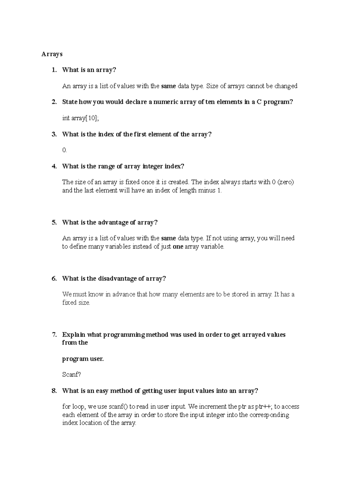 Arrays - Conceptual Questions - Arrays 1. What is an array? An array is ...