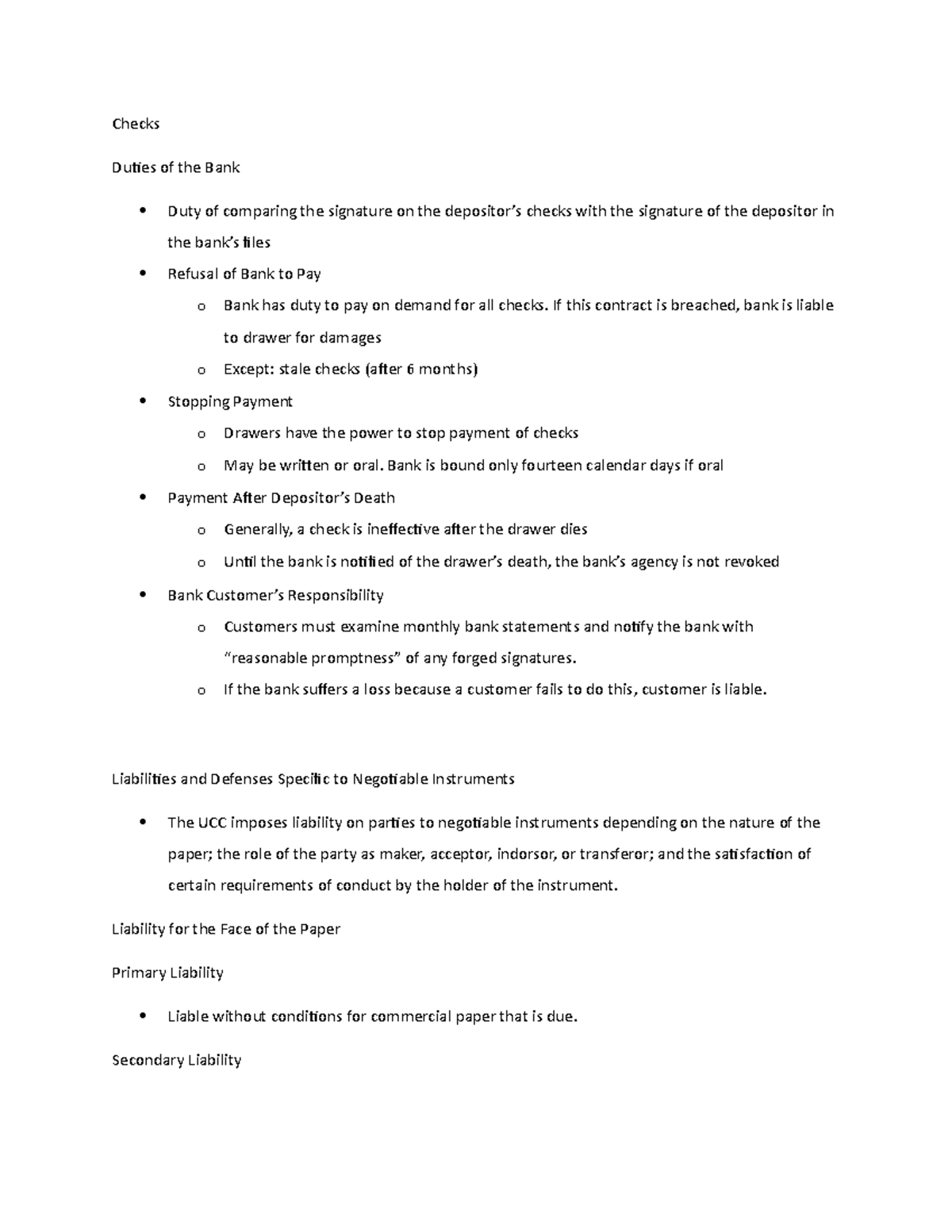 Lecture Notes 21 - Checks Duties of the Bank Duty of comparing the ...
